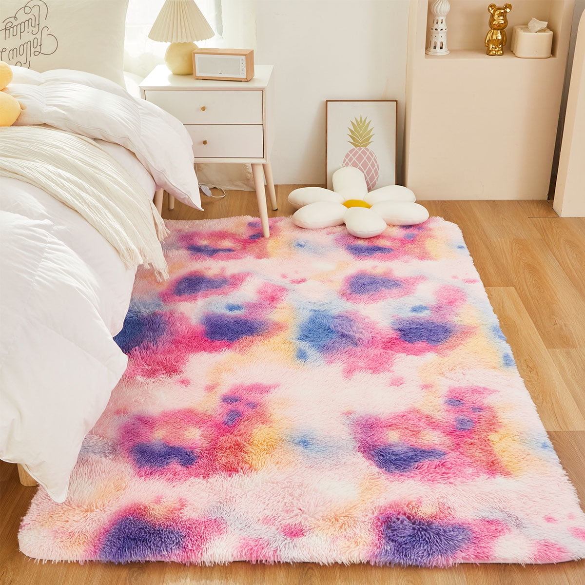 PERFEMET Pink Purple Bedroom Rugs 4x6 Shag Fluffy Carpet Tie Dye Faux ...
