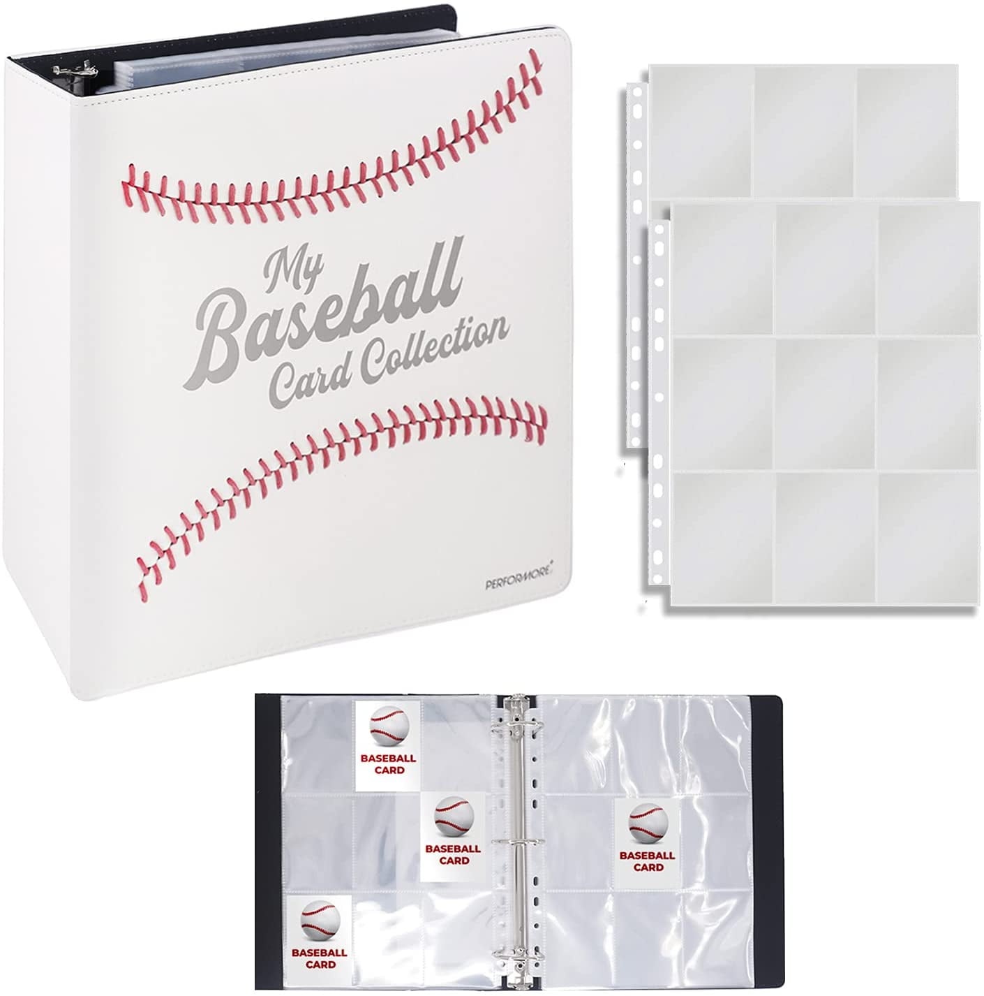 PERFORMORE Hand-Stitched Baseball Card Binder, Red Stitching Baseball ...
