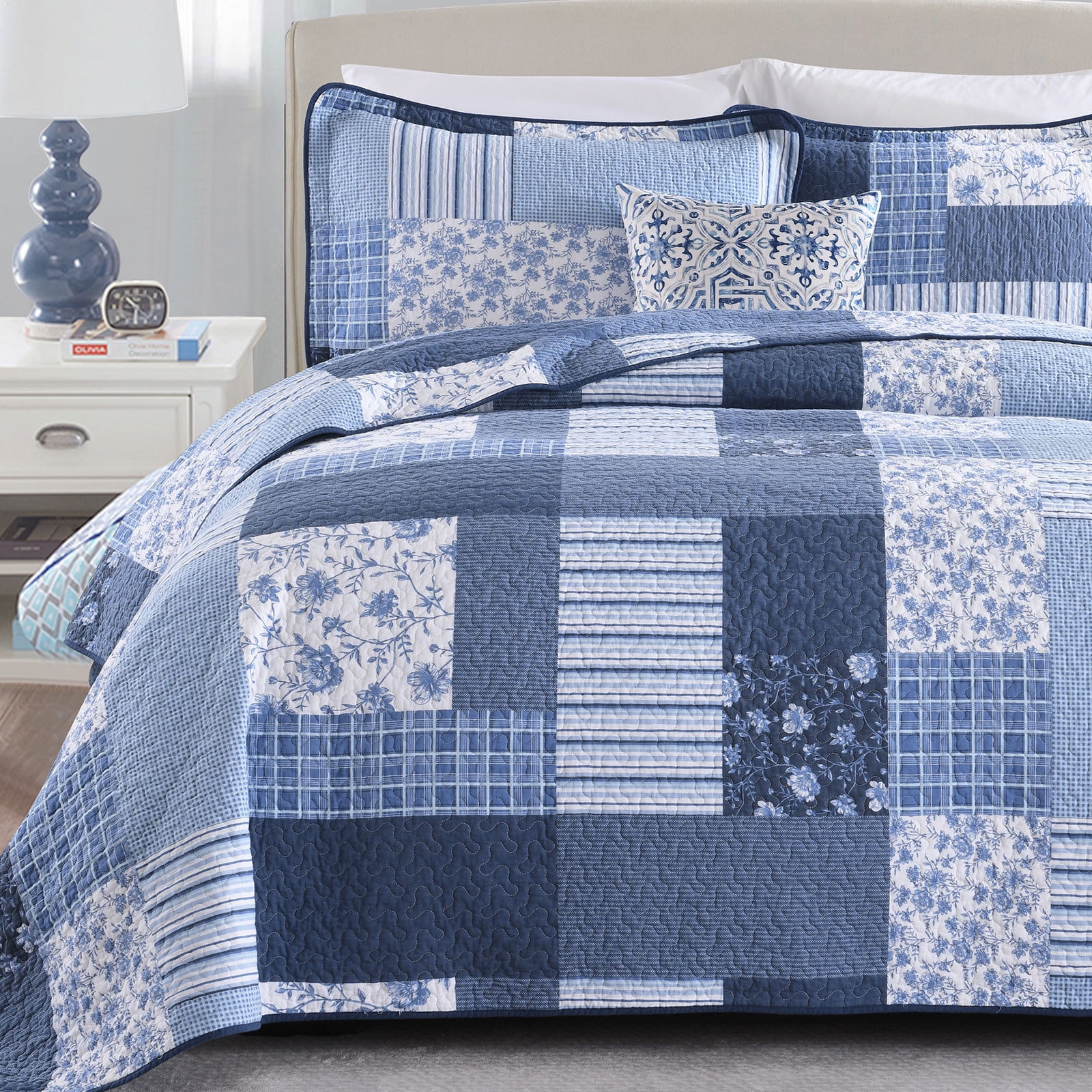 PERHOM 100% Cotton Quilt Set Queen Size, 3 Pieces Blue Plaid Floral ...