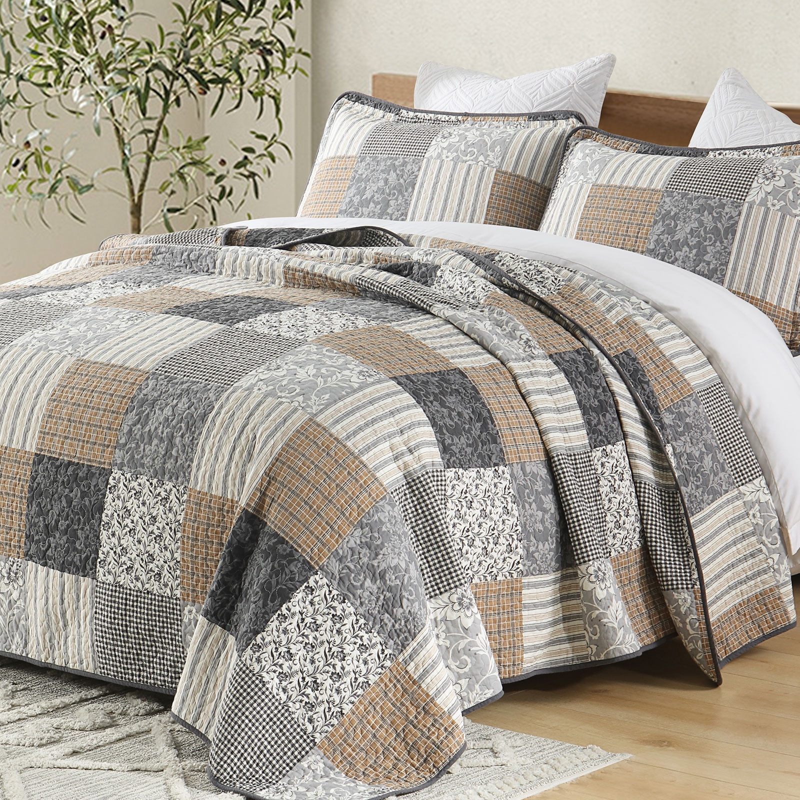 PERHOM 100% Cotton Quilt Set Queen Size, 3 Pieces Plaid Floral ...