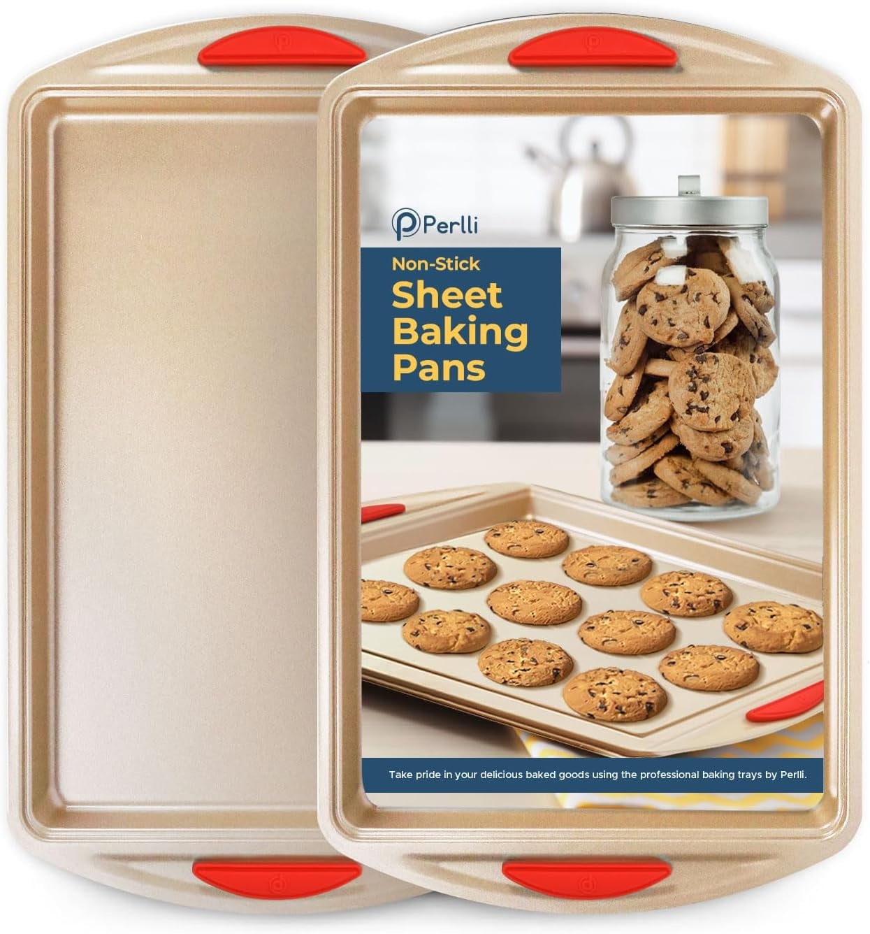 PERLLI 2-Pc Non Stick Baking Pans Set Gold Baking Sheets with Red ...