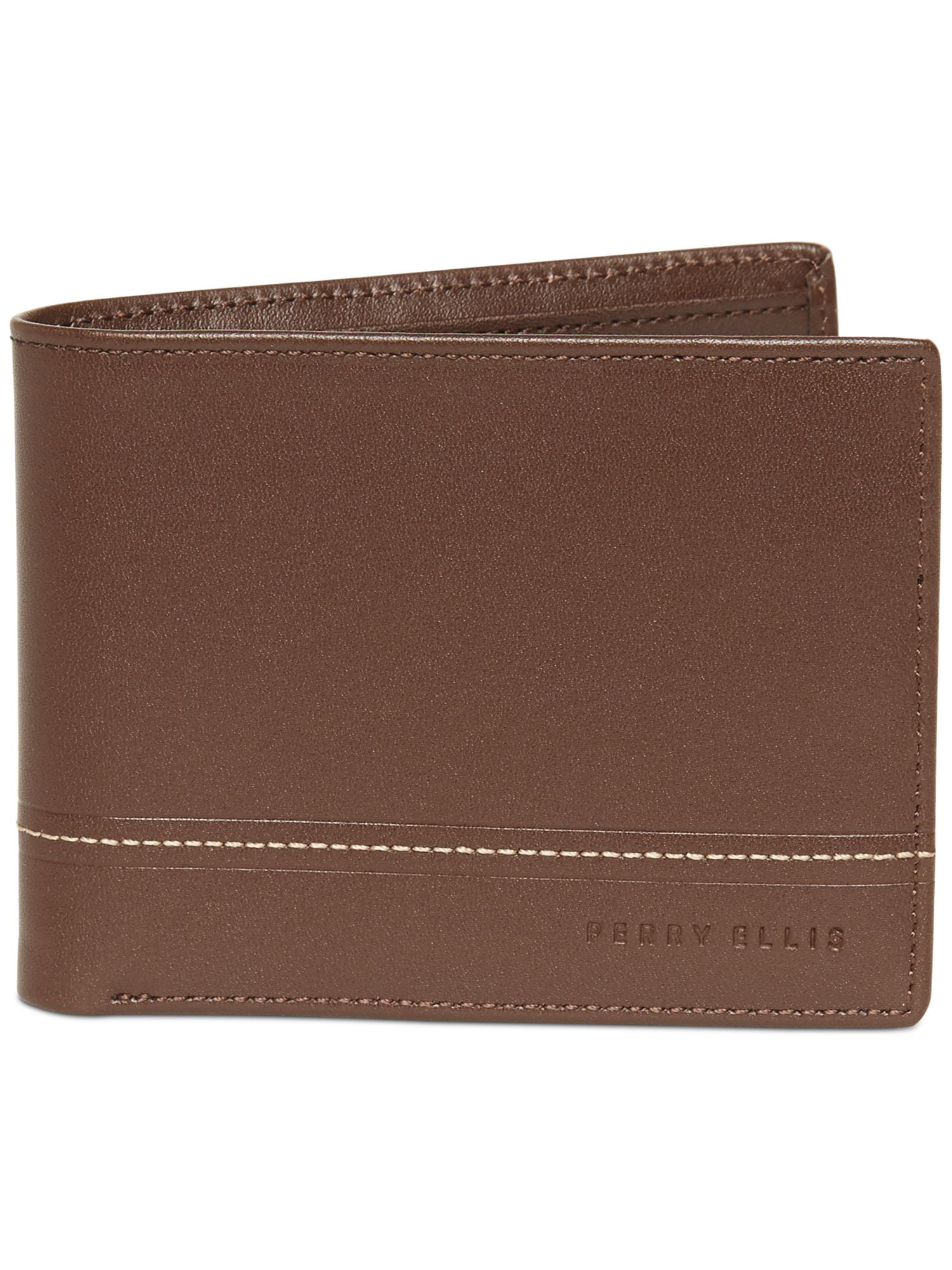 PERRY ELLIS PORTFOLIO Men's Brown Leather Contrast Stitch Embossed Logo ...