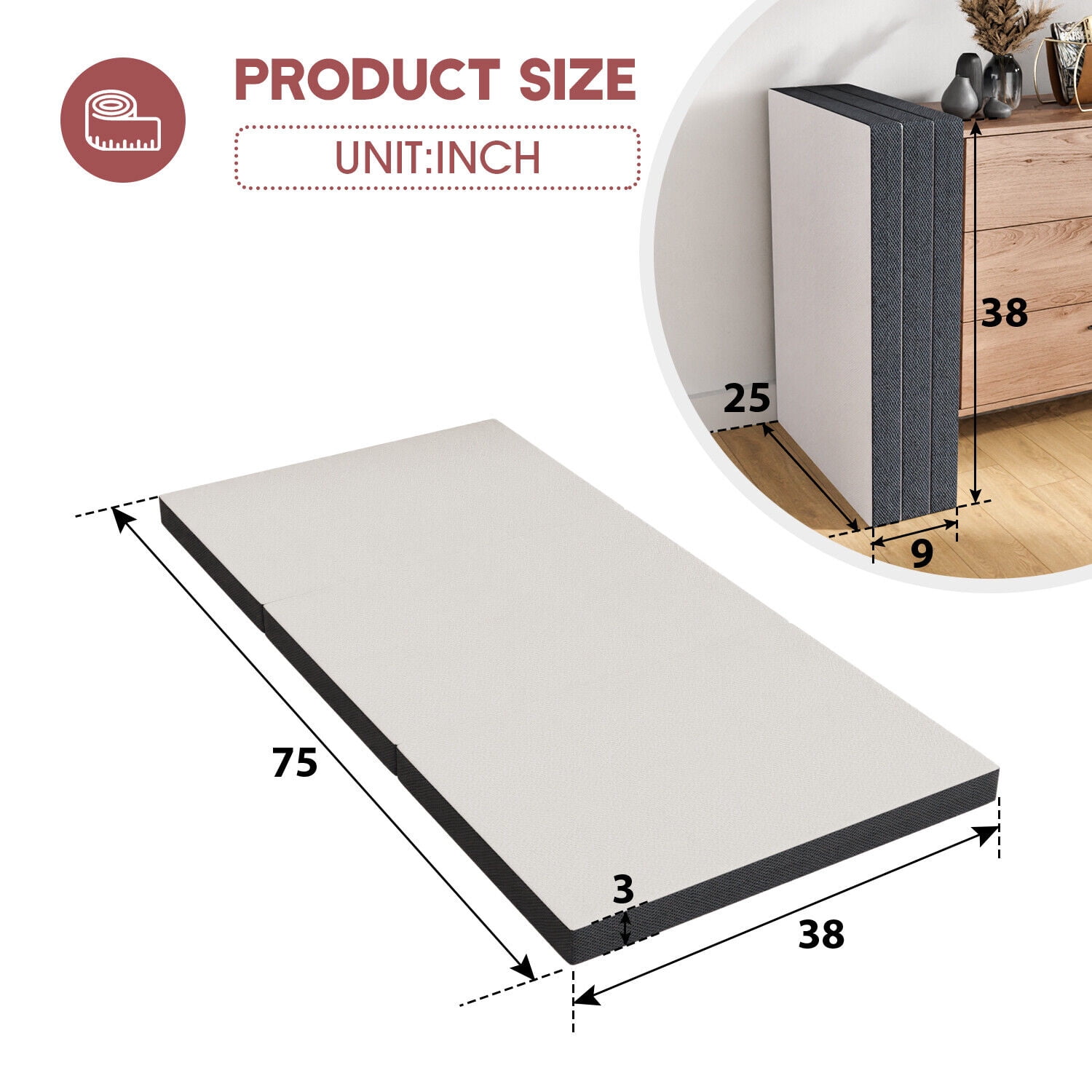 PERUYQ 3 inch Memory Foam Tri Folding Mattress/Portable Foldable ...