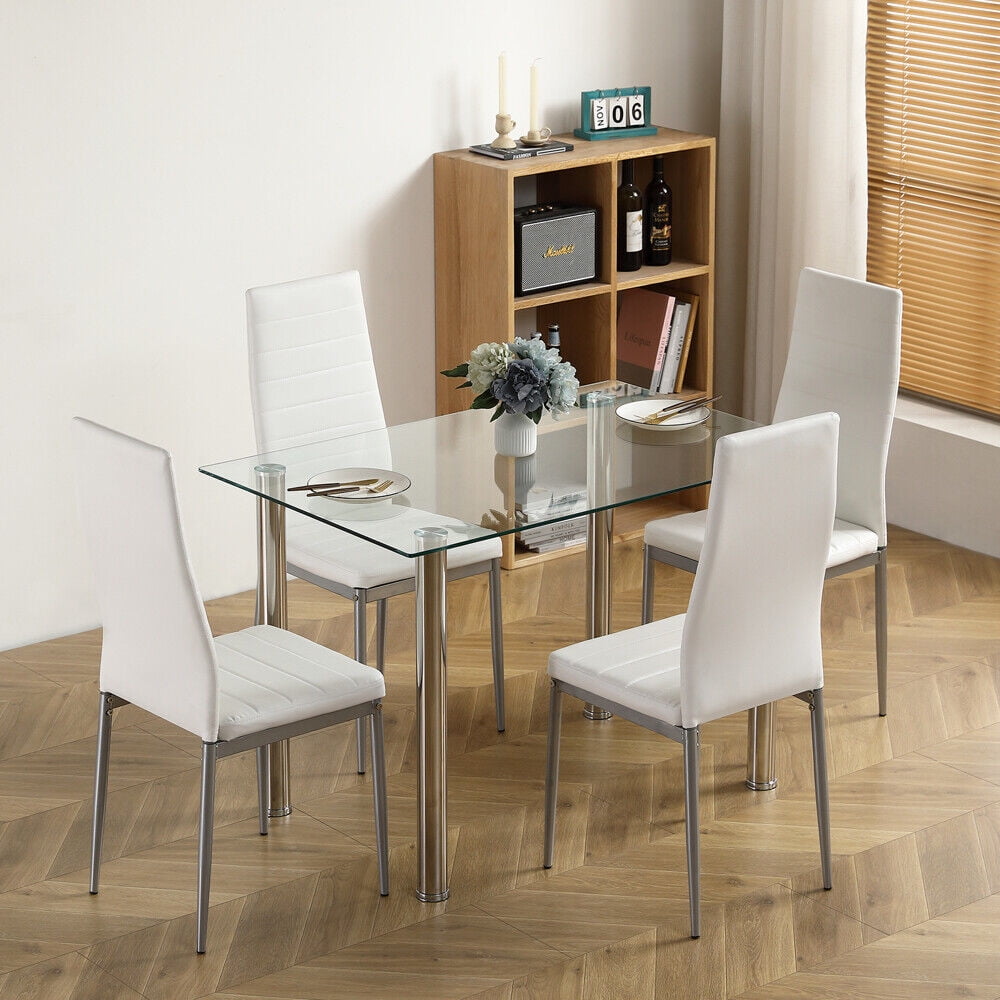 PERUYQ 5-Piece Dining Table Set with 1 Glass Dining Table and 4 Leather ...
