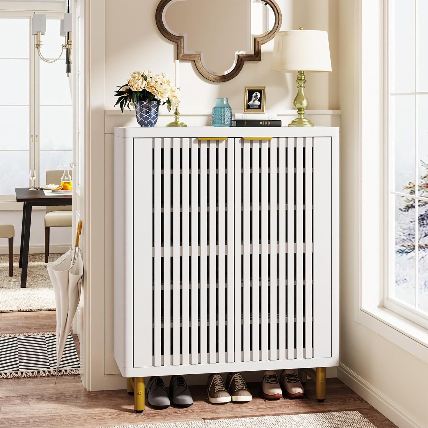 PERUYQ 6-Tier Shoe Cabinet with Shutter Doors, Large Wooden Shoe ...