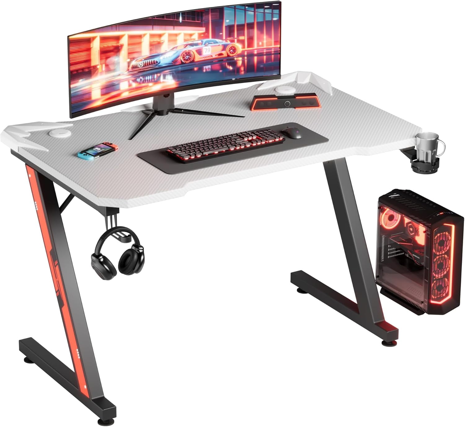 PERUYQ Gaming Desk Computer Desk Z-Shaped Gaming Table with Carbon ...