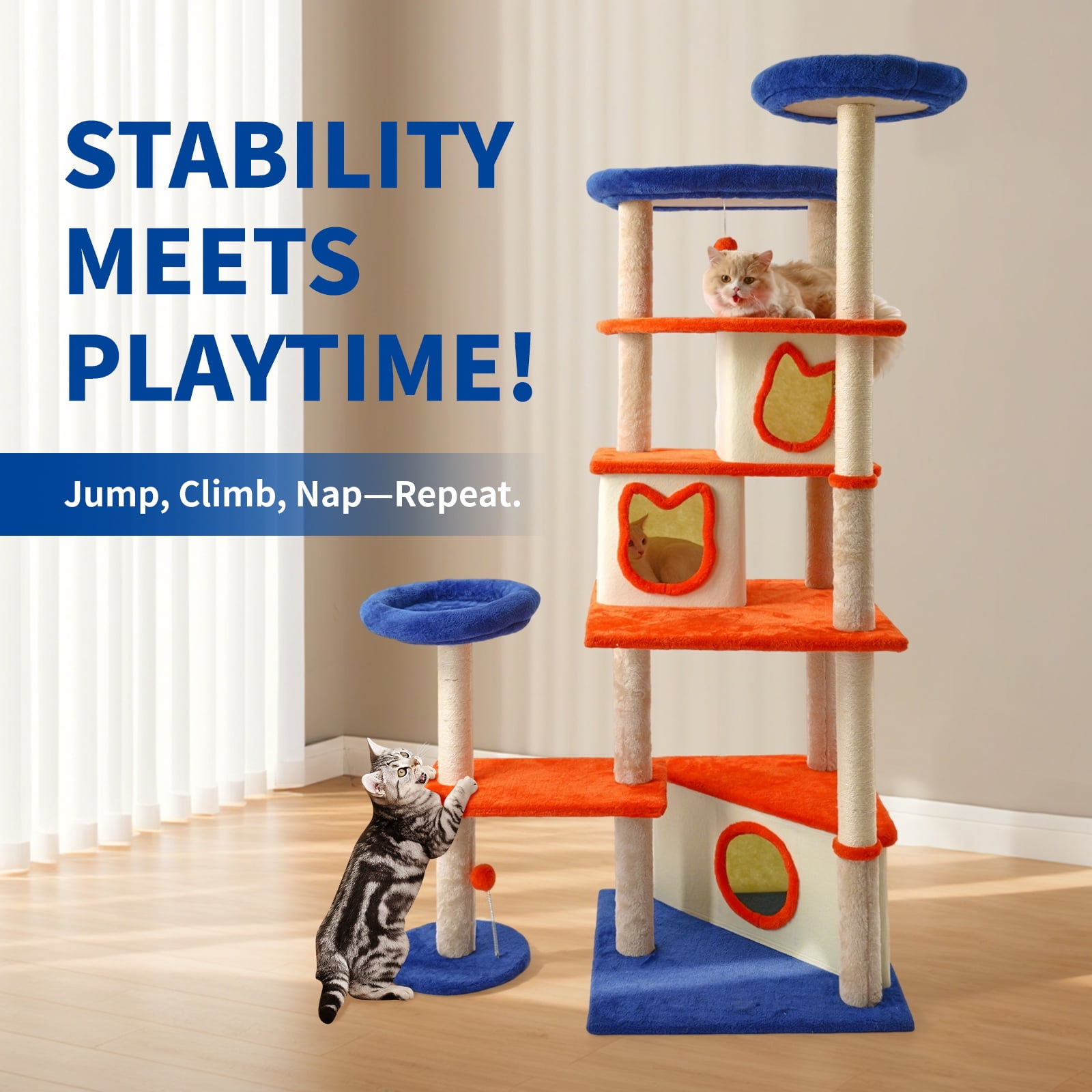 PET FULED Cat Tree, 74.8" Multi - Level Cat Tower with Bright Two ...