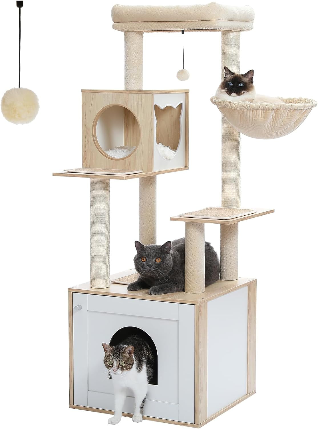 PETEPELA 56.7" Cat Tree with Litter Box Enclosure Large, Wood Cat Tower ...