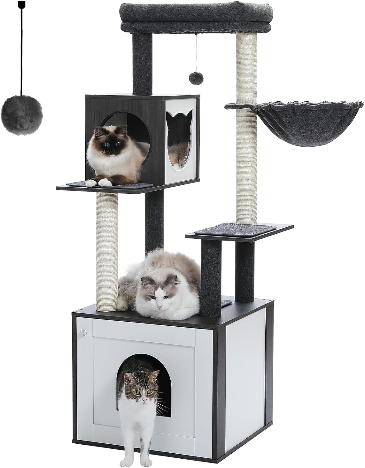 PETEPELA 56.7" Cat Tree with Litter Box Enclosure Large, Wood Cat Tower ...