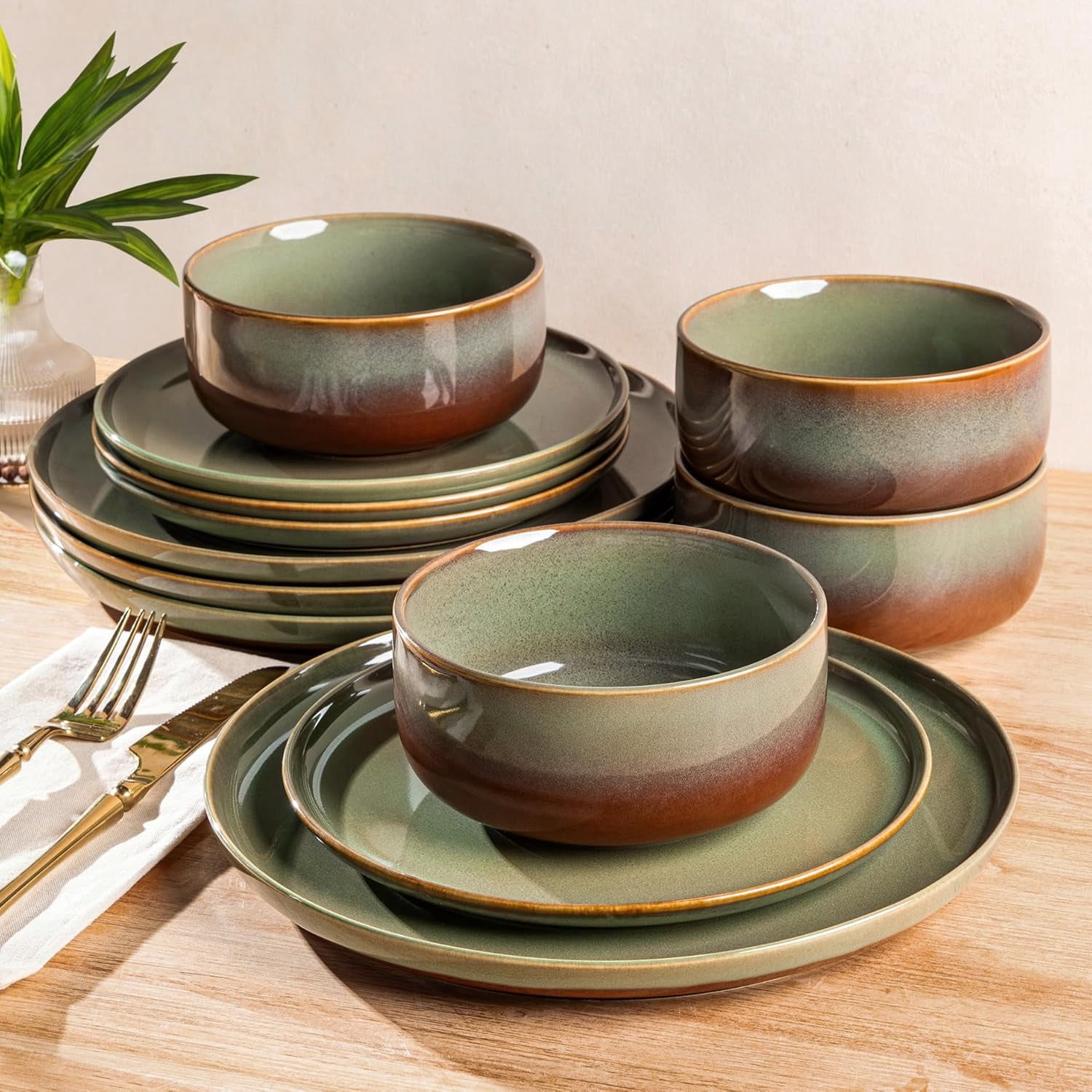 PETGLE Ceramic Dinnerware Set for 4, 12-Piece Plates and Bowls Set ...