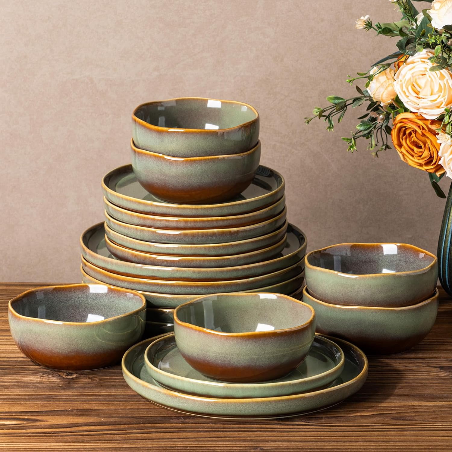 PETGLE Ceramic Dinnerware Set for 6, 18-Piece Plates and Bowls Set ...