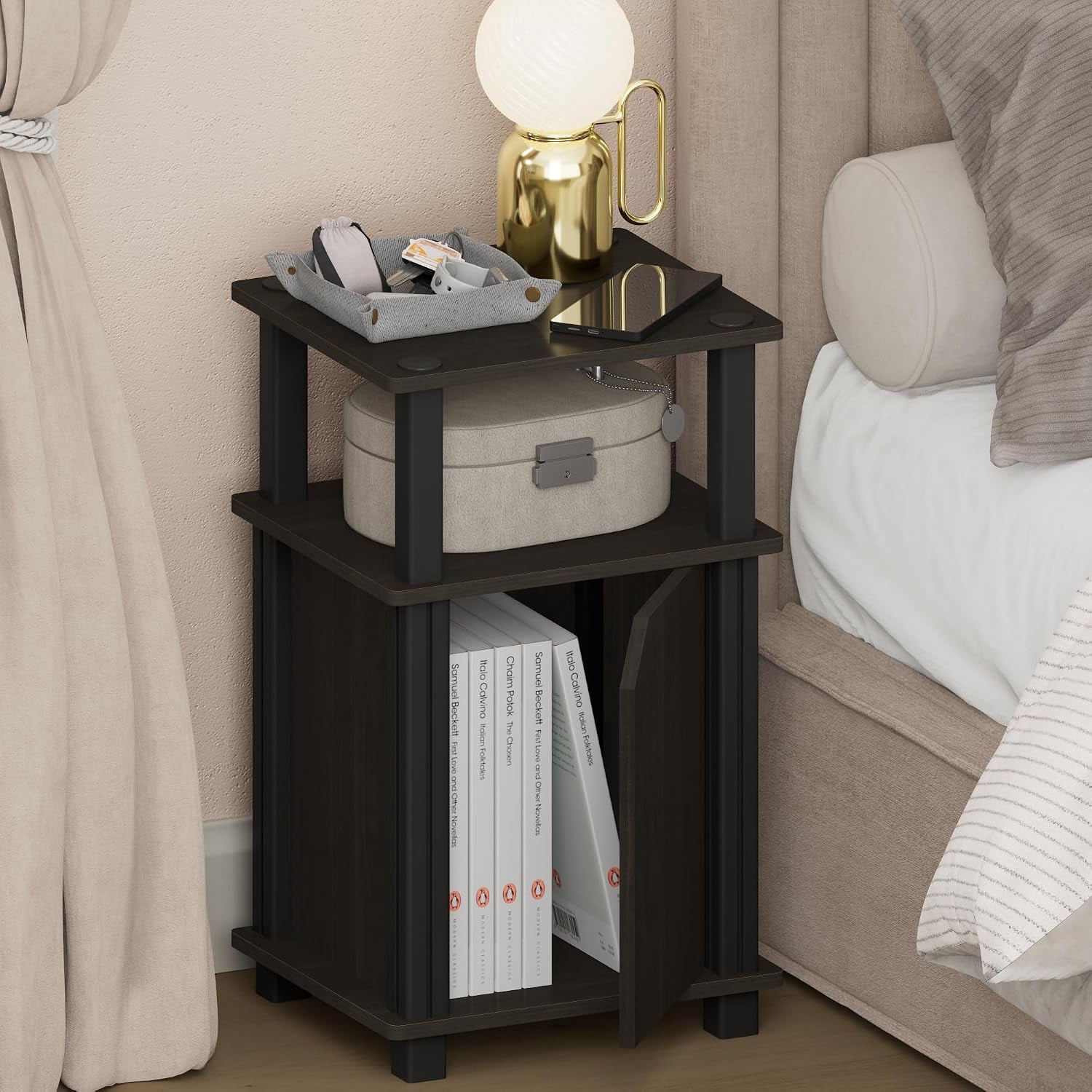 PETGLE JUST 3-Tier Night Stand with Door Cabinet, Open Shelf, Espresso ...