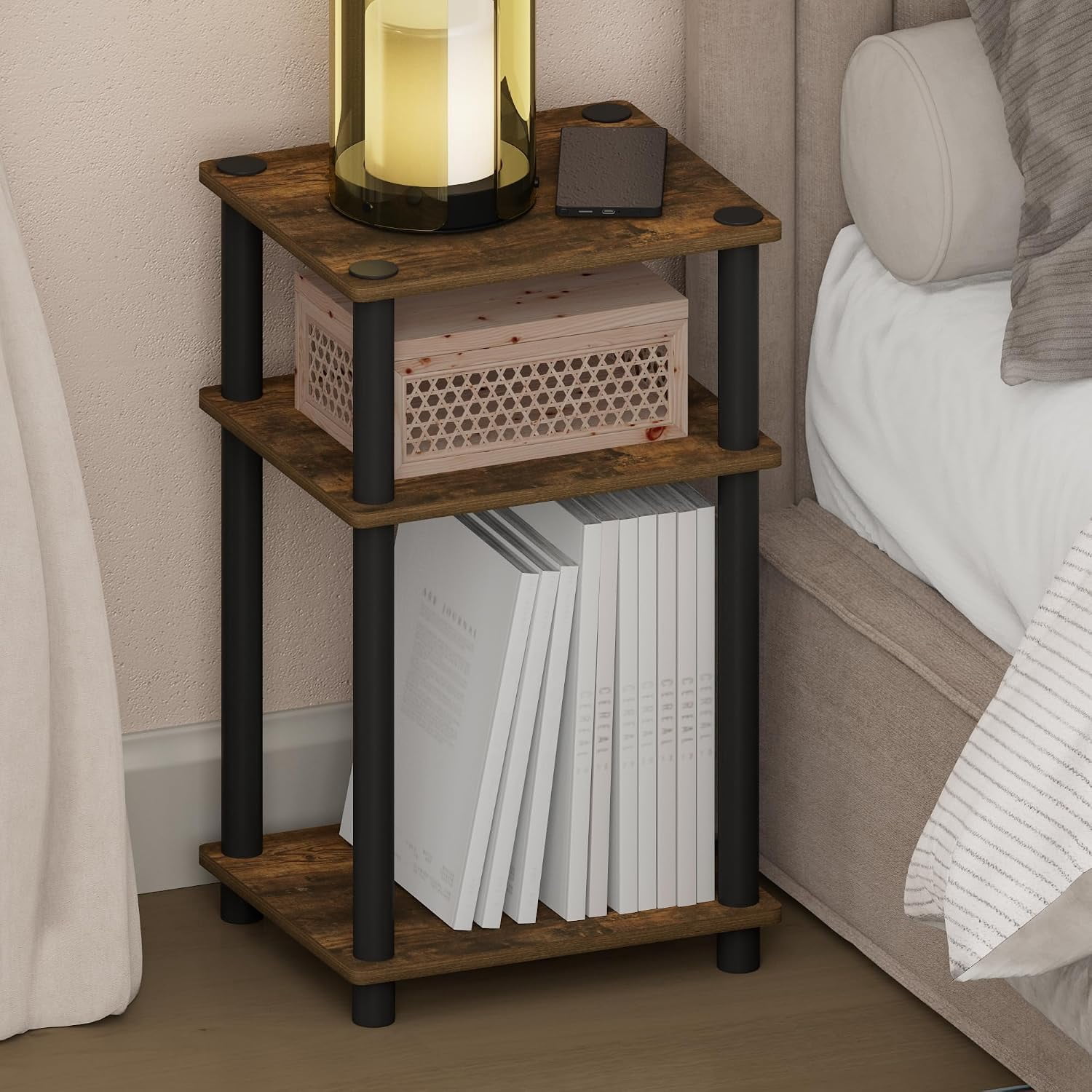 PETGLE JUST Toolless 3-Tier Night Stand, Open Storage, Americano ...