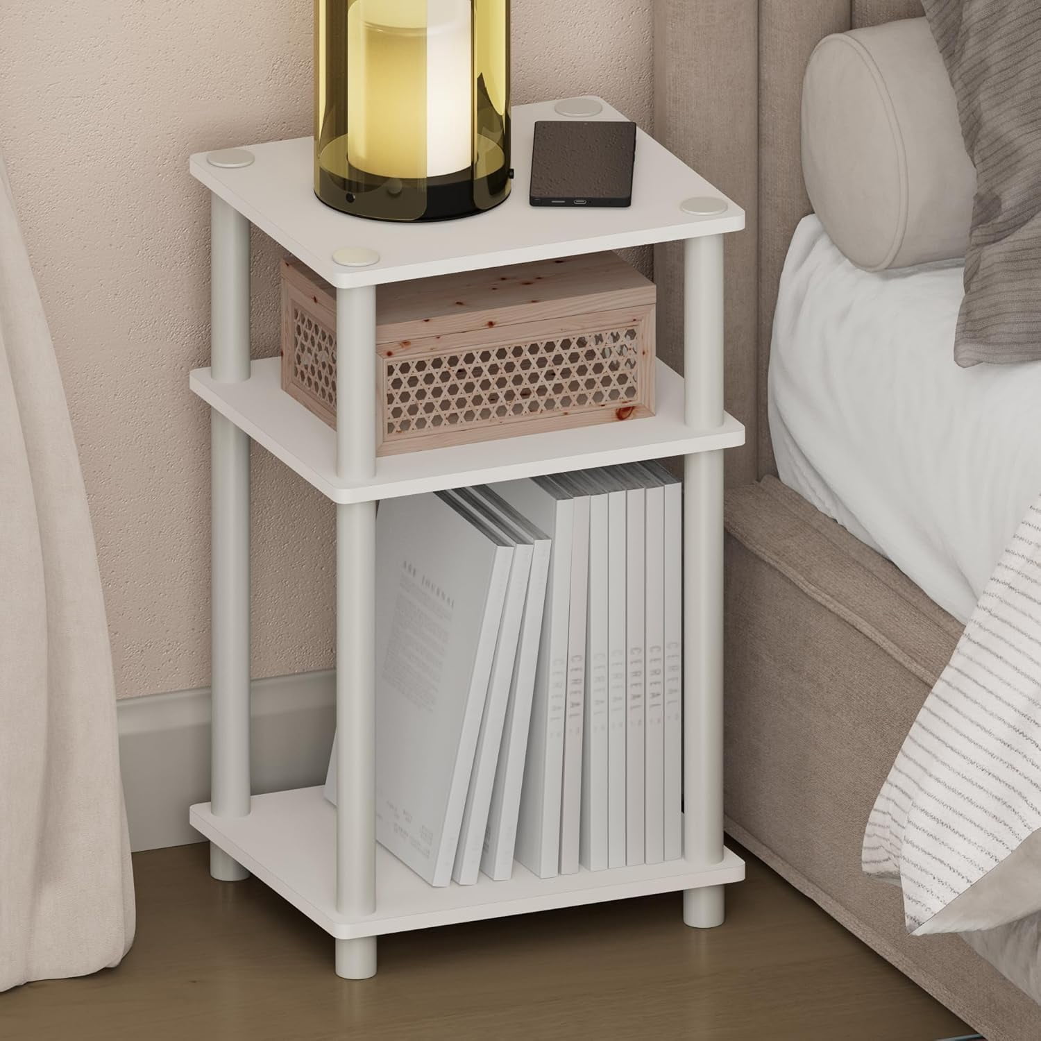 PETGLE JUST Toolless 3-Tier Night Stand, Open Storage, White | Compact ...