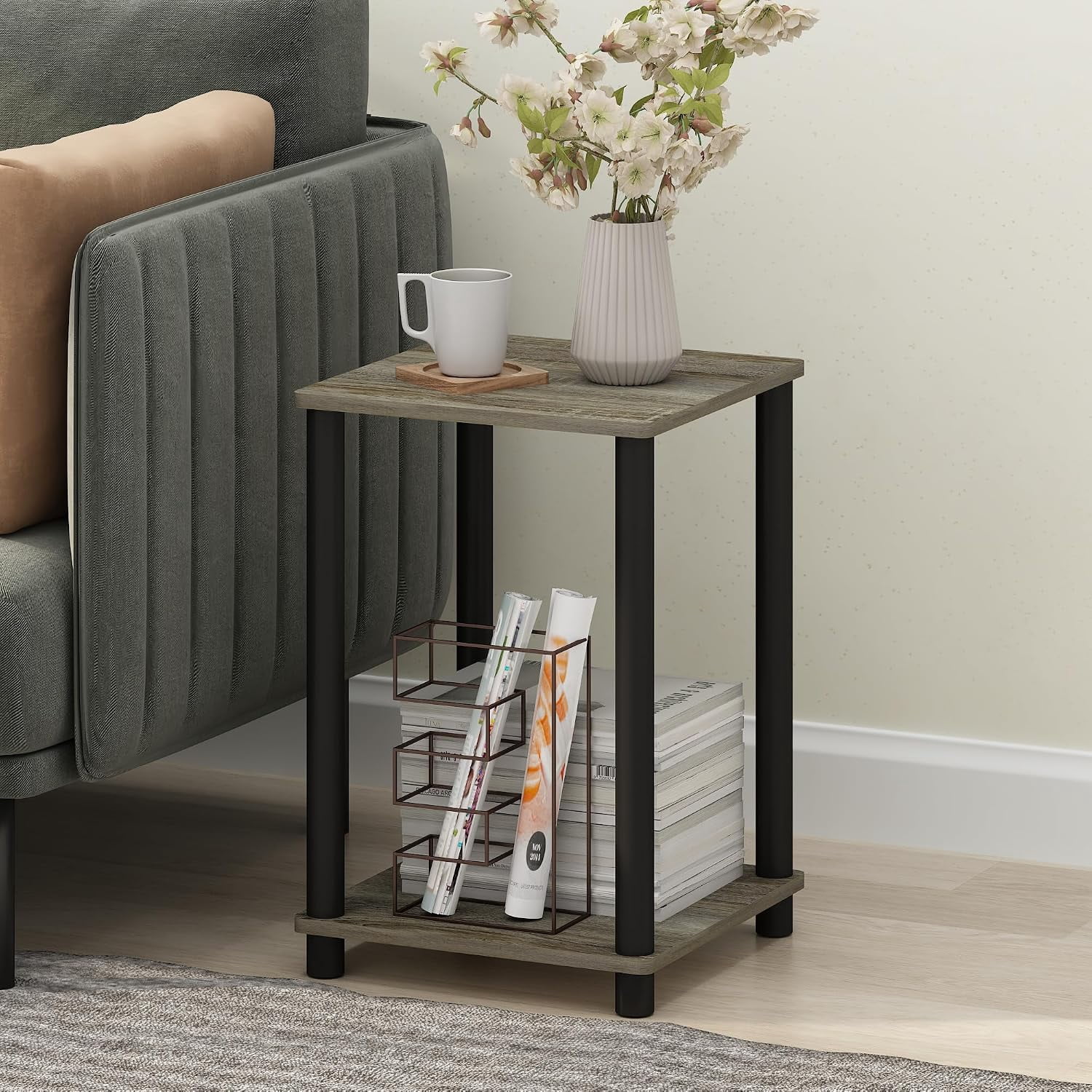 PETGLE Modern Toolless 2-Tier Side Table, Open Shelf, Grey Oak | Square ...