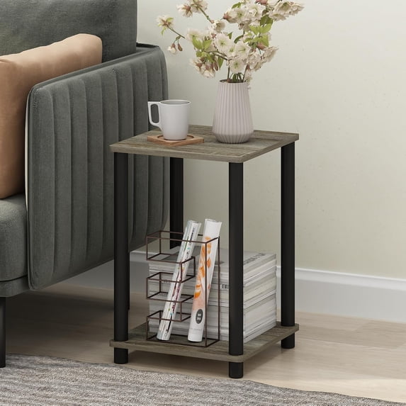 PETGLE Modern Toolless 2-Tier Square Side Table, Open Shelf, Grey Oak ...