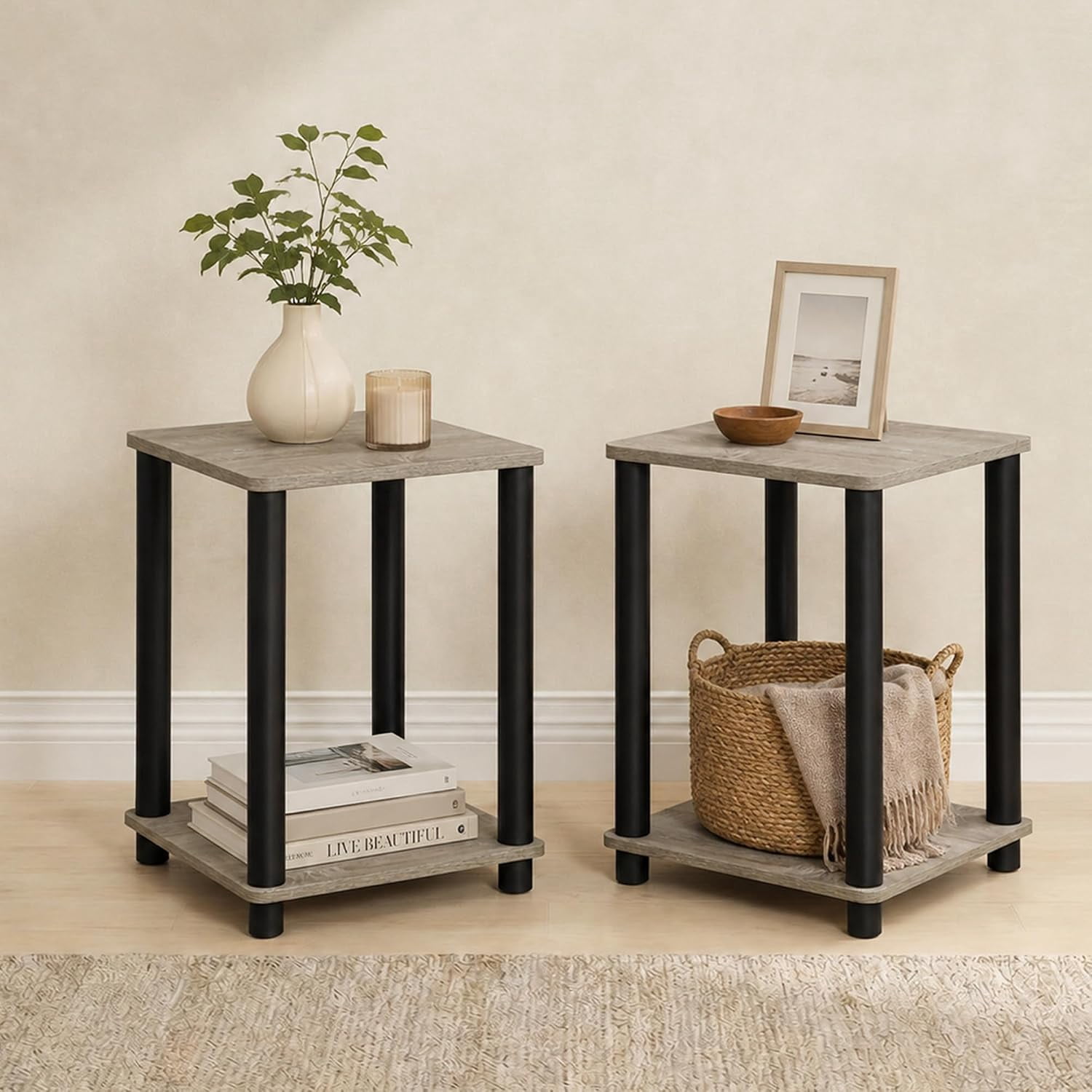 PETGLE Turn-N-Tube Toolless 2-Tier Side Table Set of 2, Grey Oak ...