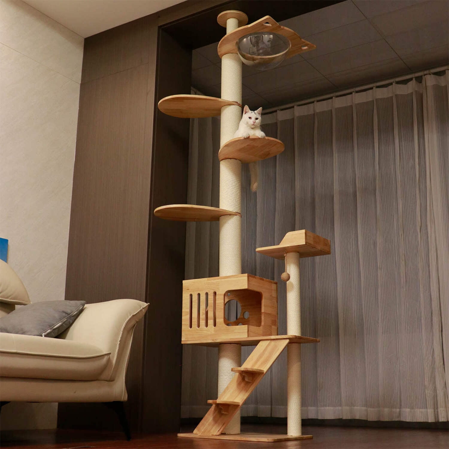 PETOMG Cat Tree Floor to Ceiling, Rubber Wood, No Drilling, Adjustable ...