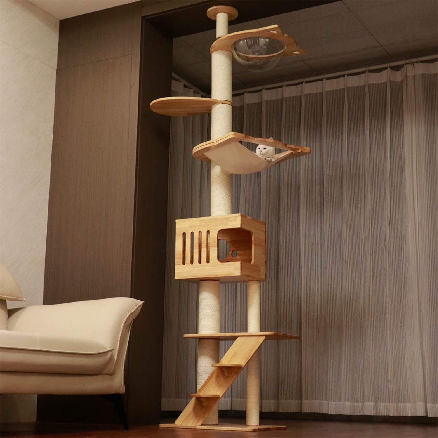 PETOMG Rubber Wood Cat Tree Floor to Ceiling, No Drilling, Adjustable ...