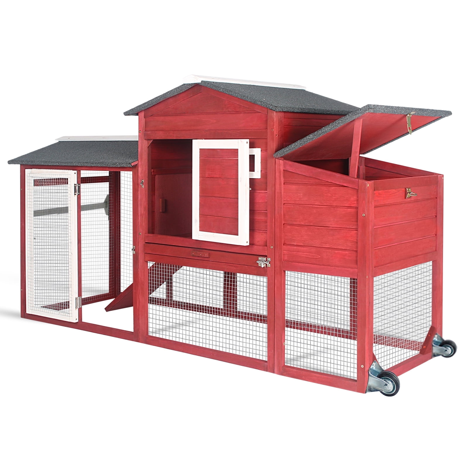 "PETSCOSSET Weatherproof 71"" Red Chicken Coop, Outdoor Wooden Movable ...