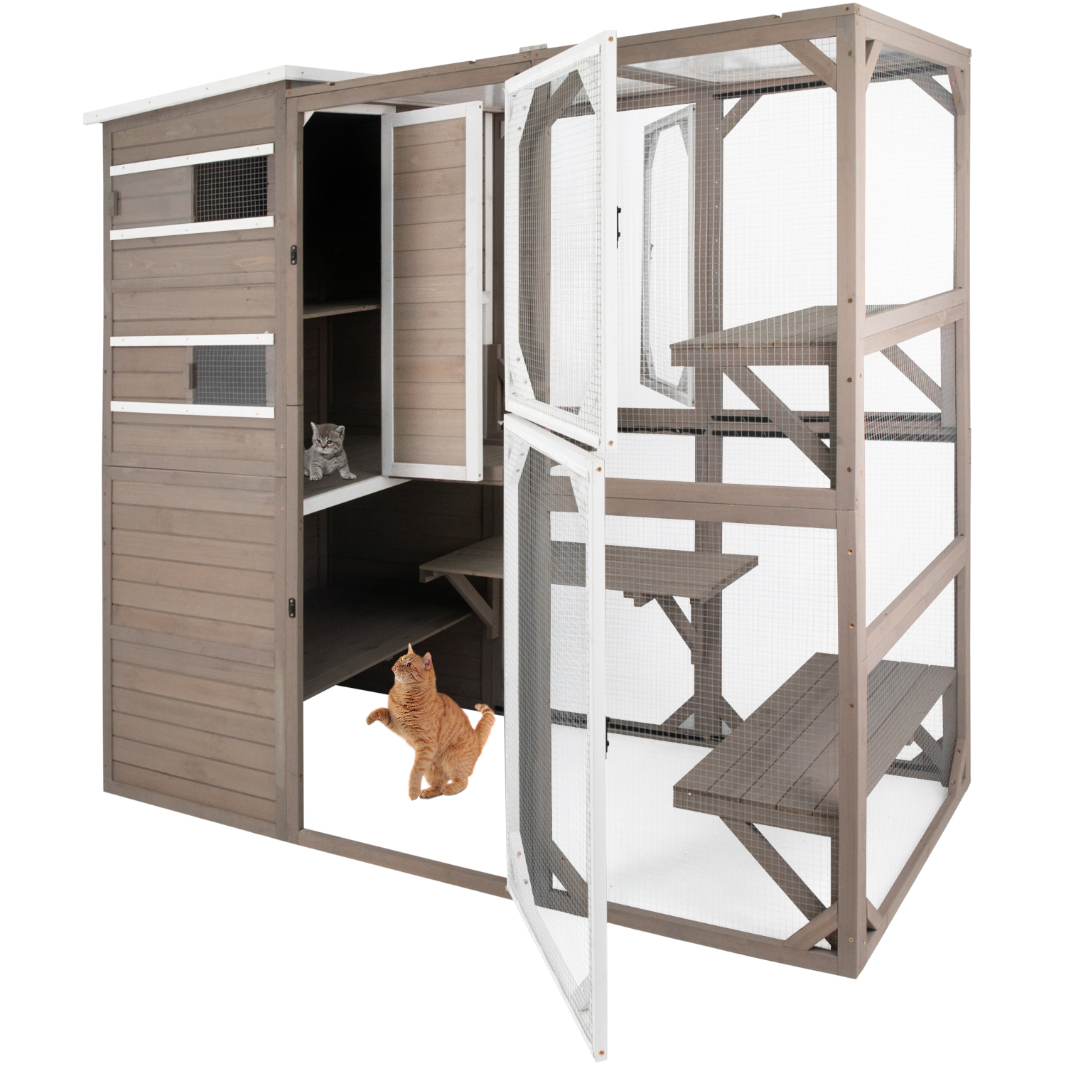 Pawhut Catio Playground Outdoor Kitty Exterior Multiple Door Wooden