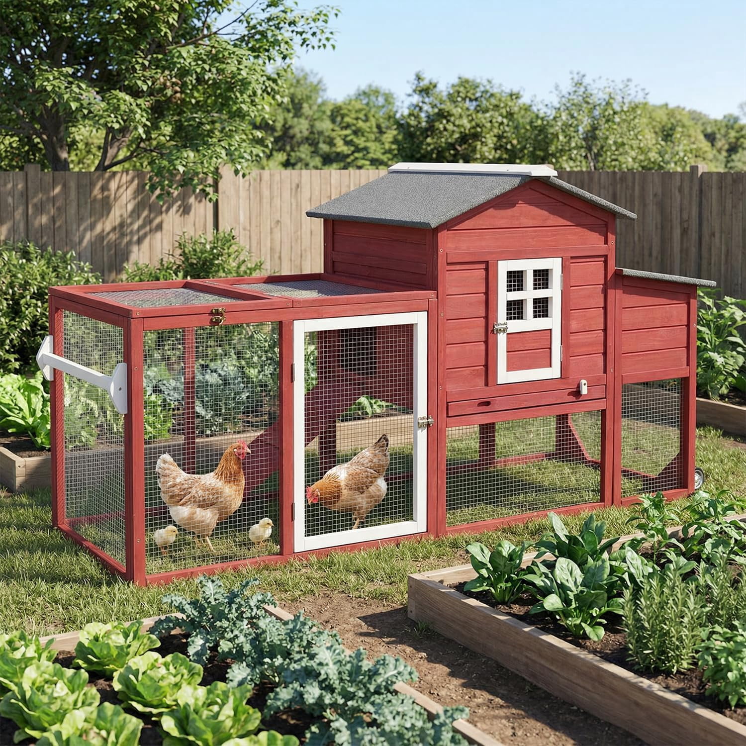 PETSCOSSET Chicken Coop with Run and Wheels, Outdoor Wooden Hen House ...