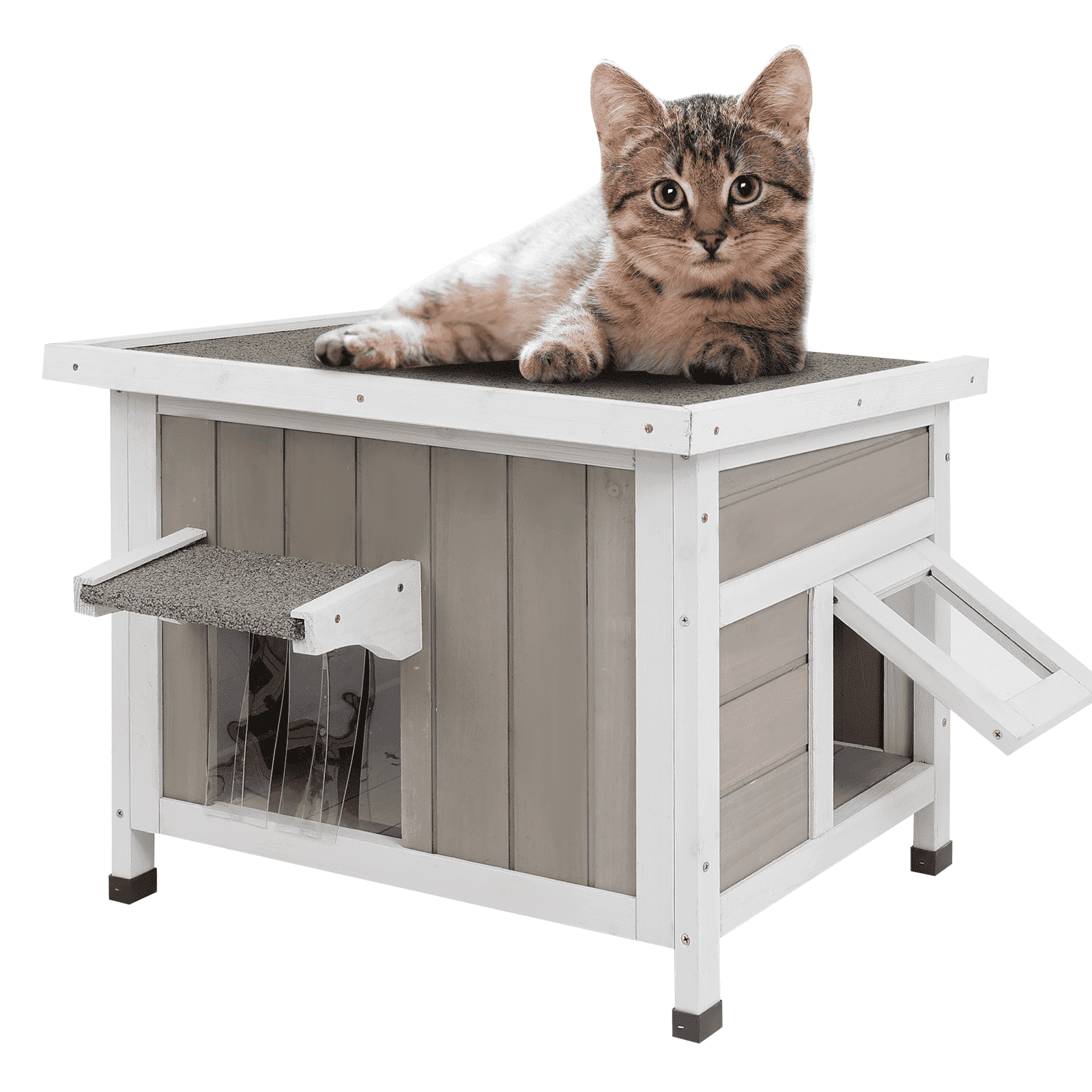 PETSCOSSET Outdoor Cat House, Weatherproof Solid Wood Cat Shelter with ...