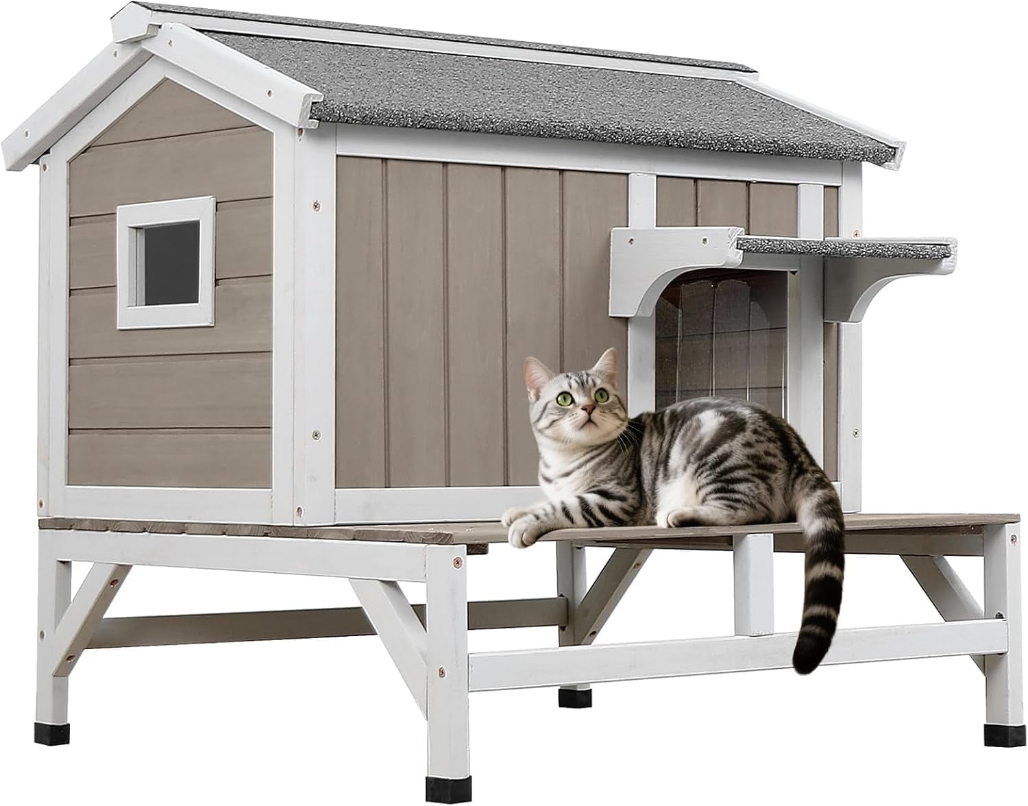 PETSCOSSET Outdoor Cat House Wooden Cat Shelter with Elevated Base ...