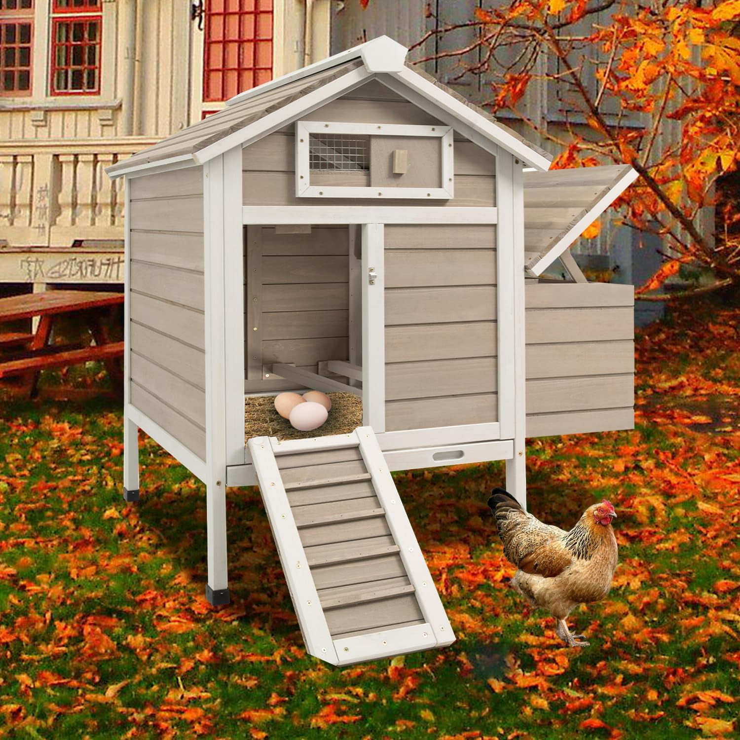 PETSCOSSET Outdoor Chicken Coop with Removable Trays, Wooden Poultry ...