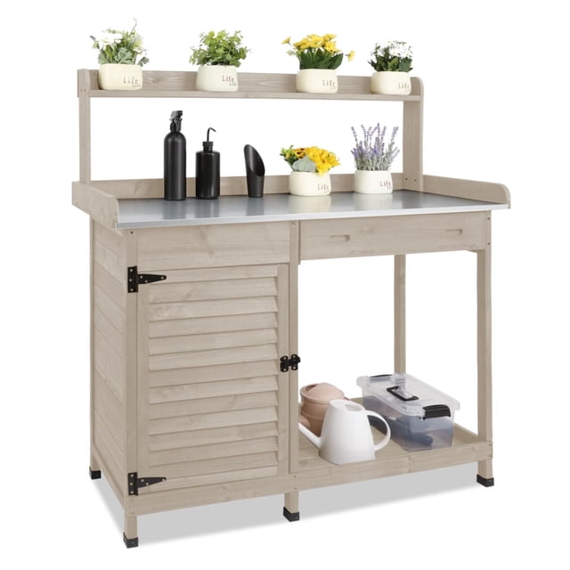 PETSCOSSET Wooden Outdoor Potting Workbench with Metal Tabletop ...