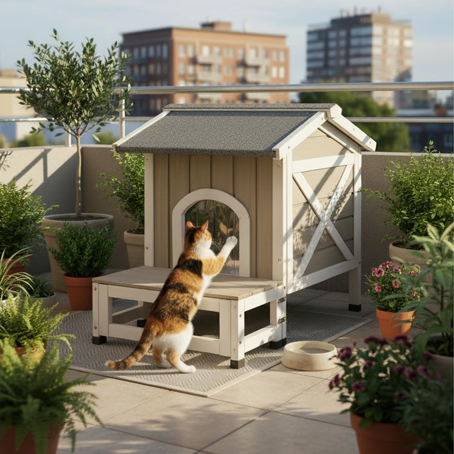 PETSCOSSET Outdoor Insulated Cat House Wooden Shelter with Ventilation ...