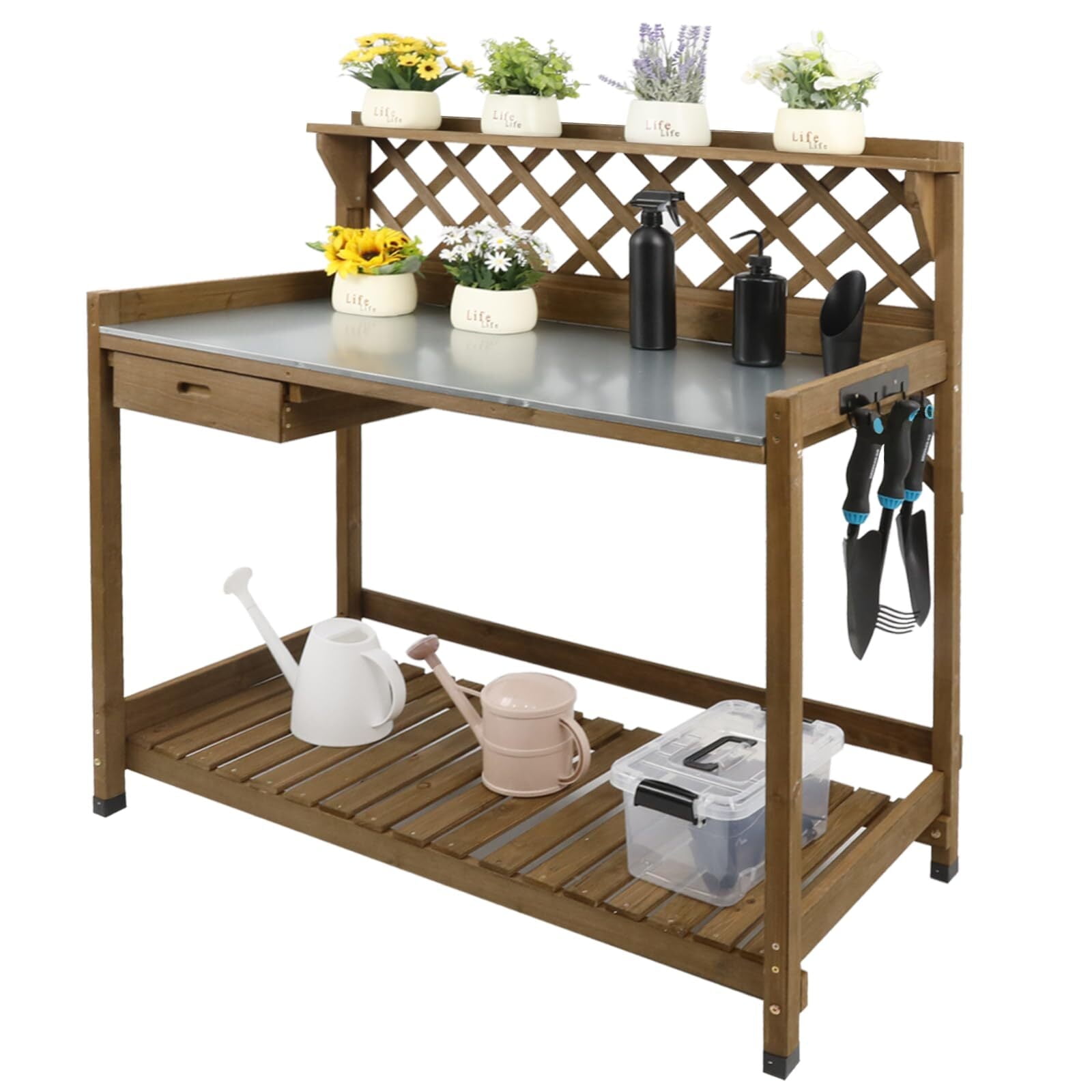 Yaheetech Outdoor Garden Potting Bench Table with Cabinet, Brown ...