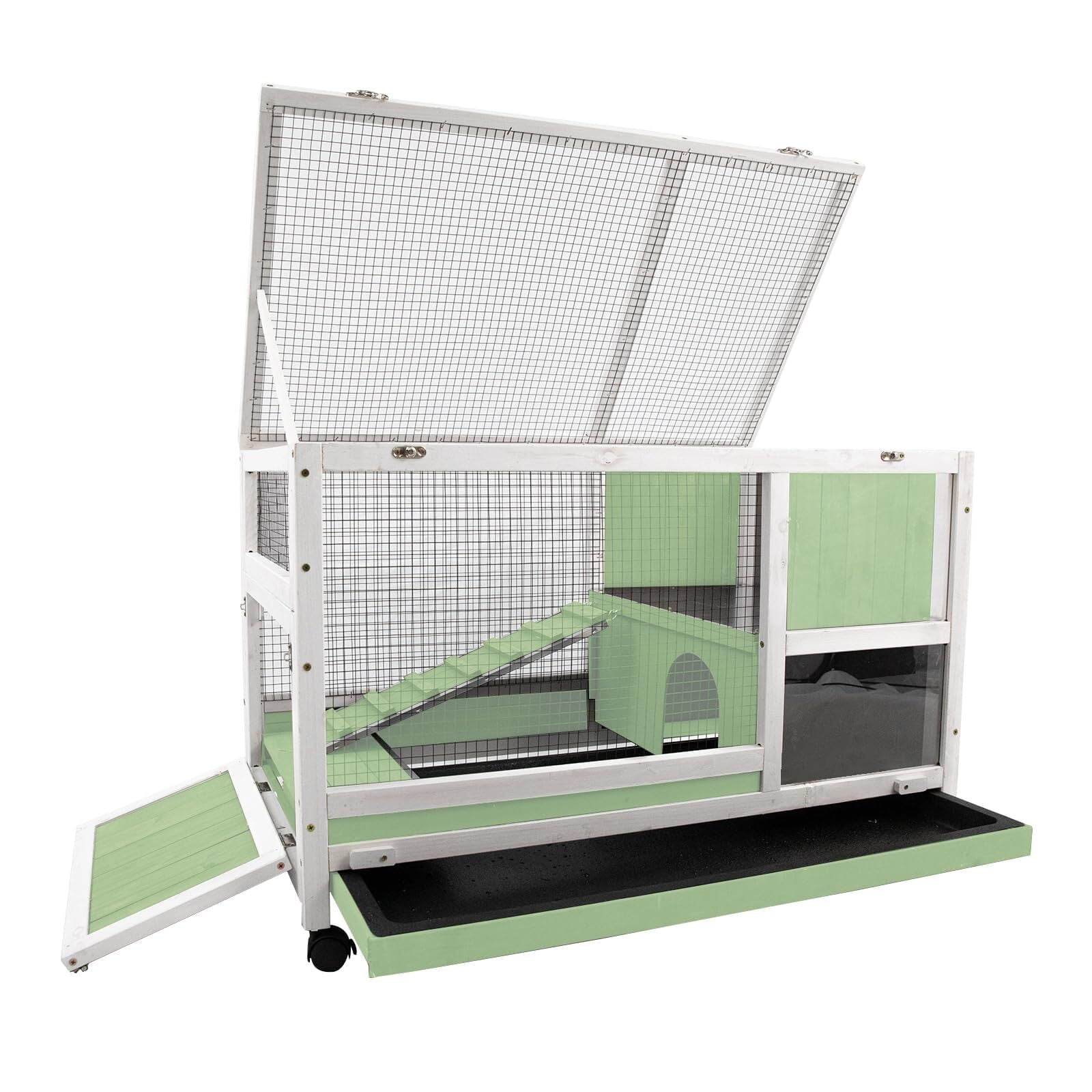PETSCOSSET 36''L Indoor Rabbit Hutch with Wheels, Removable Tray, Ramp ...
