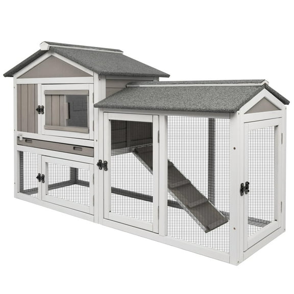 PawHut Elevated Wooden Rabbit Hutch, Indoor/Outdoor Bunny Cage with ...