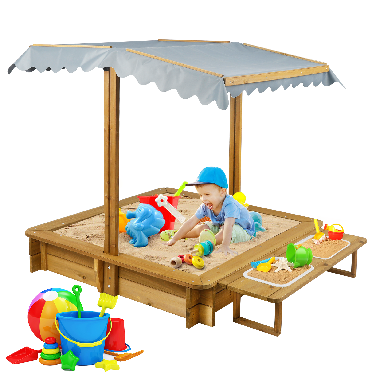 PETSCOSSET Wooden Sandbox with Cover, Outdoor Sand Box with Lid 2 Side ...