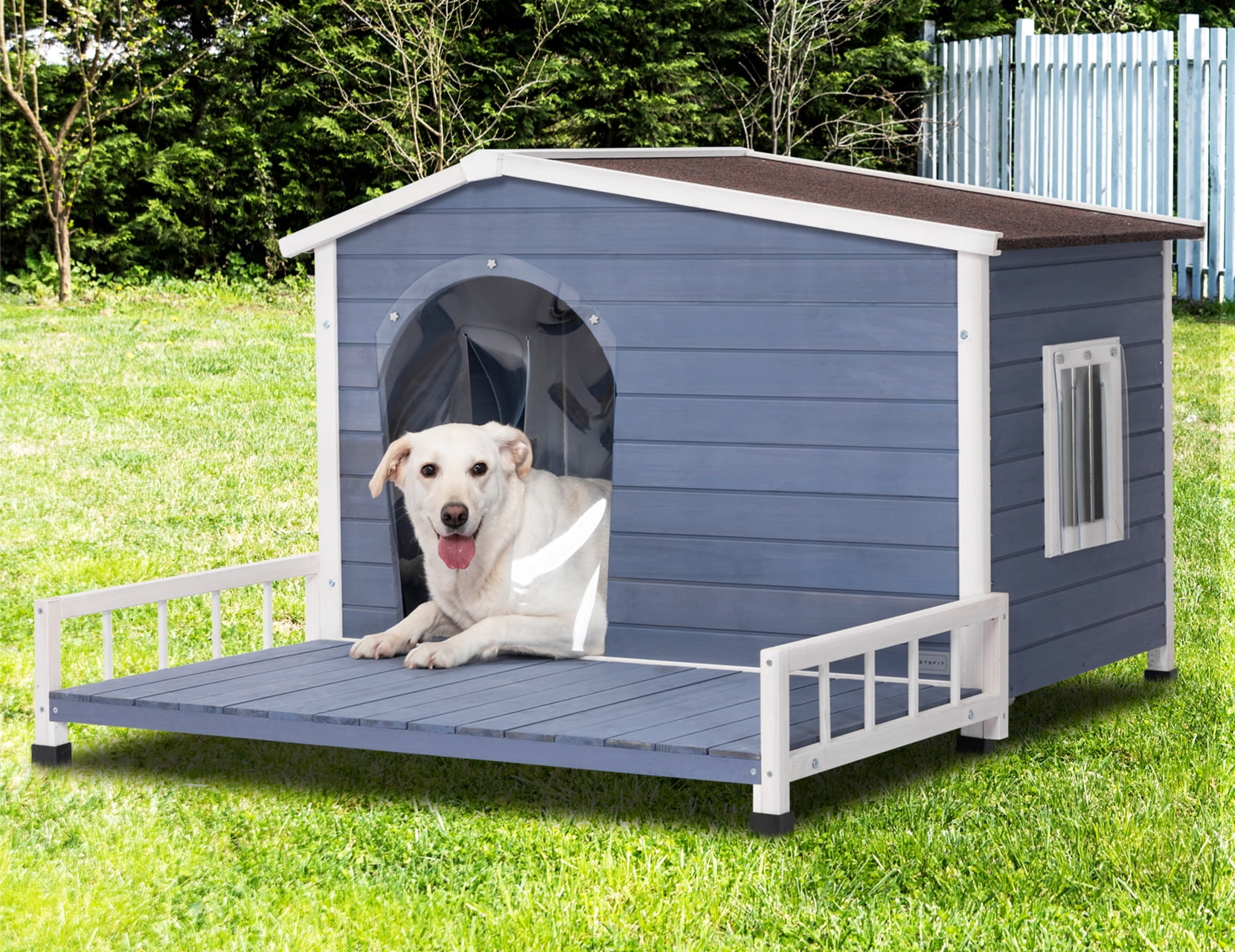 PETSFIT Outdoor Dog House with Terrace & Openable Asphalt Roof, Large ...