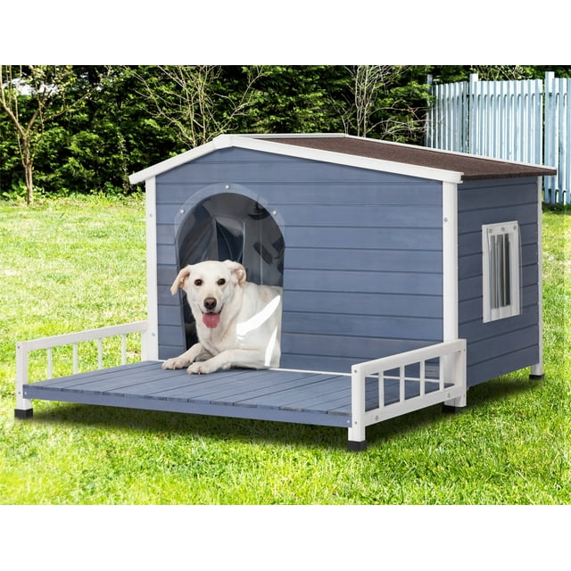 PETSFIT Outdoor Dog House with Terrace & Openable Asphalt Roof, Large ...