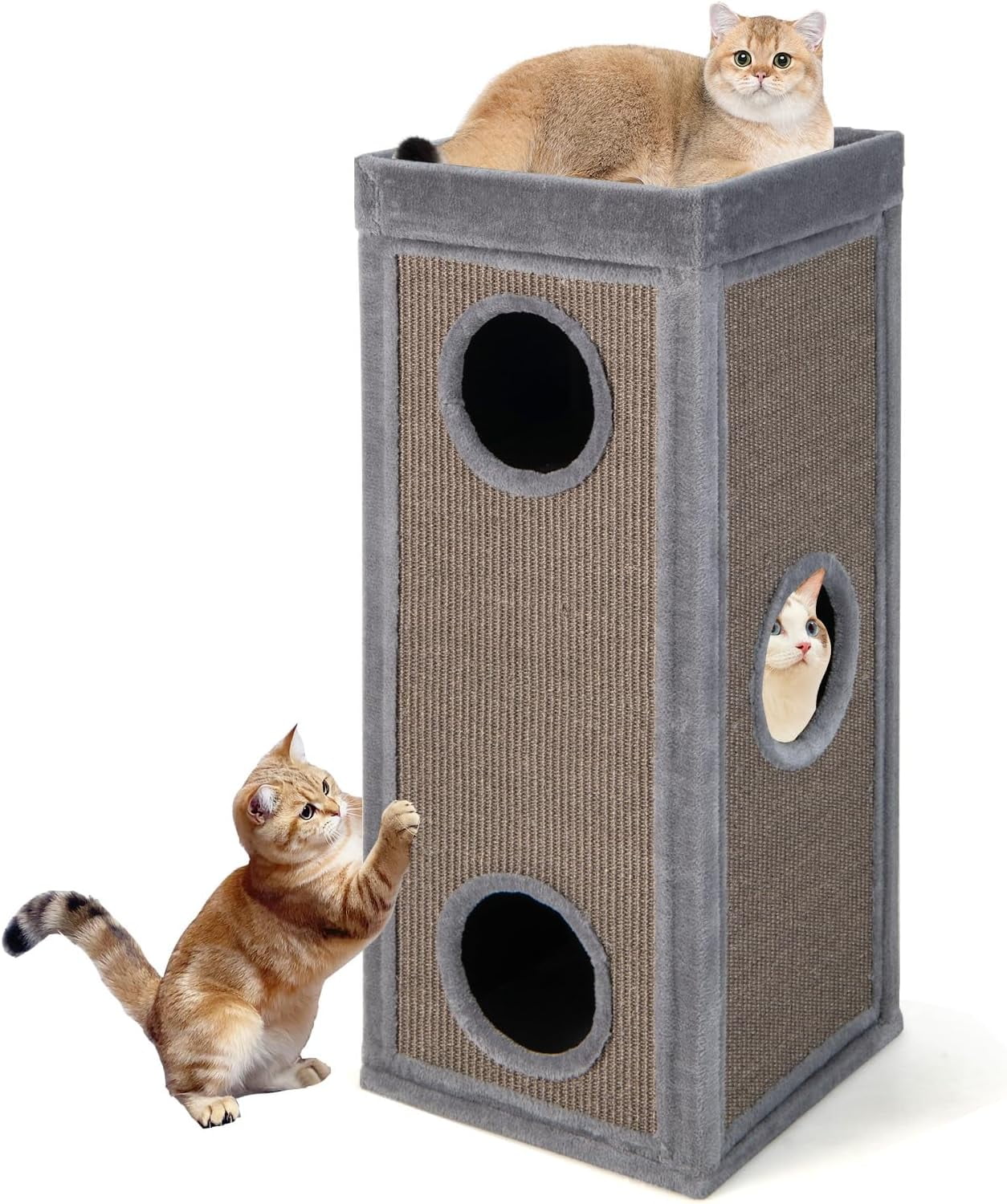 PETSITE 4-Story Cat Tree Condo Barrel Tower, 39 Inches Top High Edge Cat Condo Bed with ...