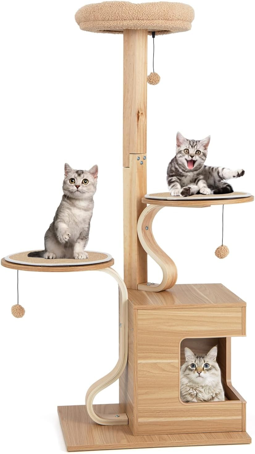 PETSITE 51 Inches Cat Tree, Modern Wooden Cat Tower with Plush Padded ...