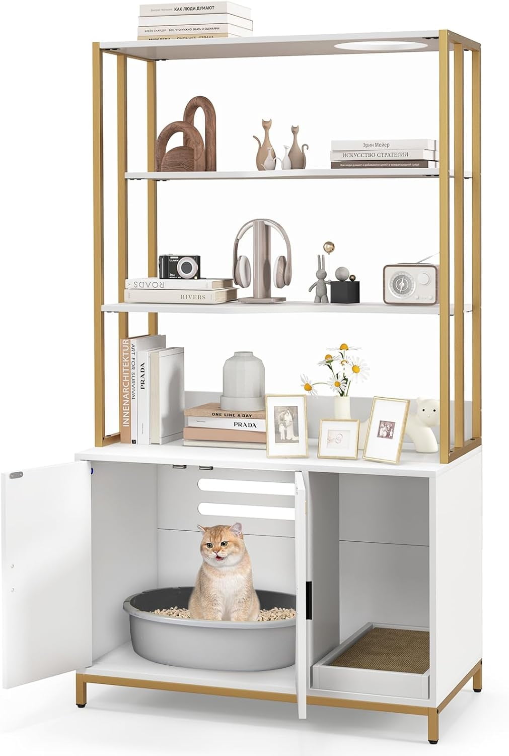 PETSITE Cat Litter Box Furniture with 3 Shelves and Doors, 61 inch Tall ...
