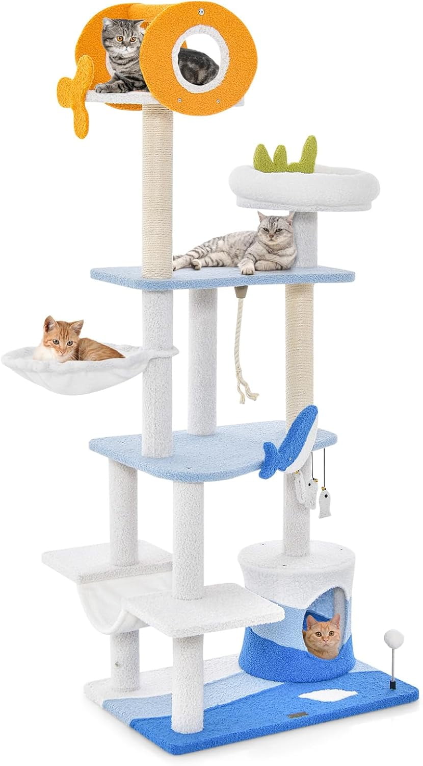 PETSITE Ocean-Themed Cat Tree for Indoor Cats, Multi-Level Cat Tower ...
