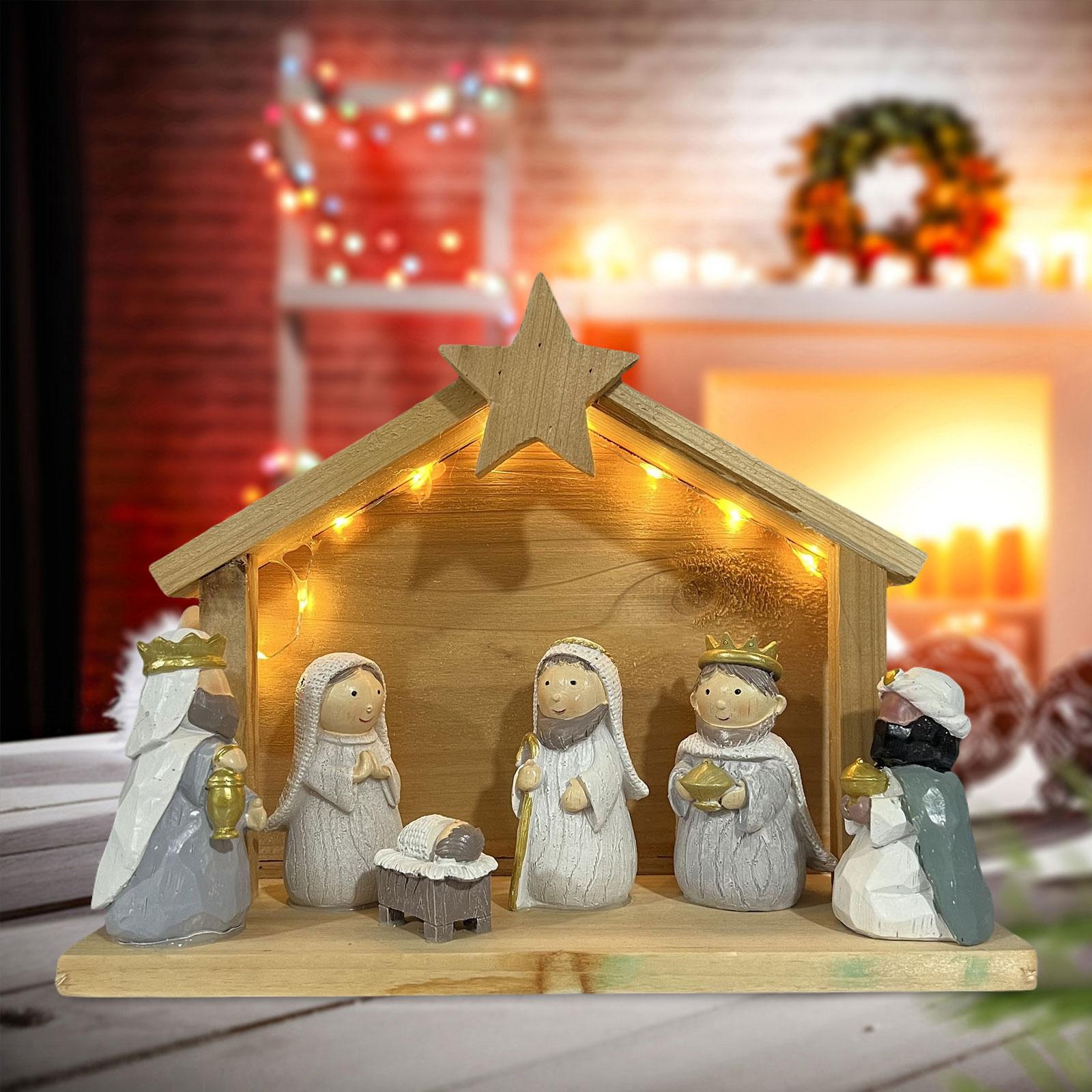 PETSOLA Christmas Nativity Scene Statue Desktop Ornament with Light ...