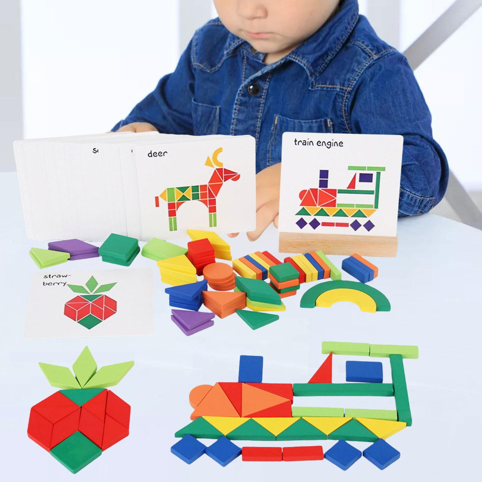 PETSOLA Wooden Shape Puzzle Pattern Blocks Puzzles with 48 Cards Brain ...