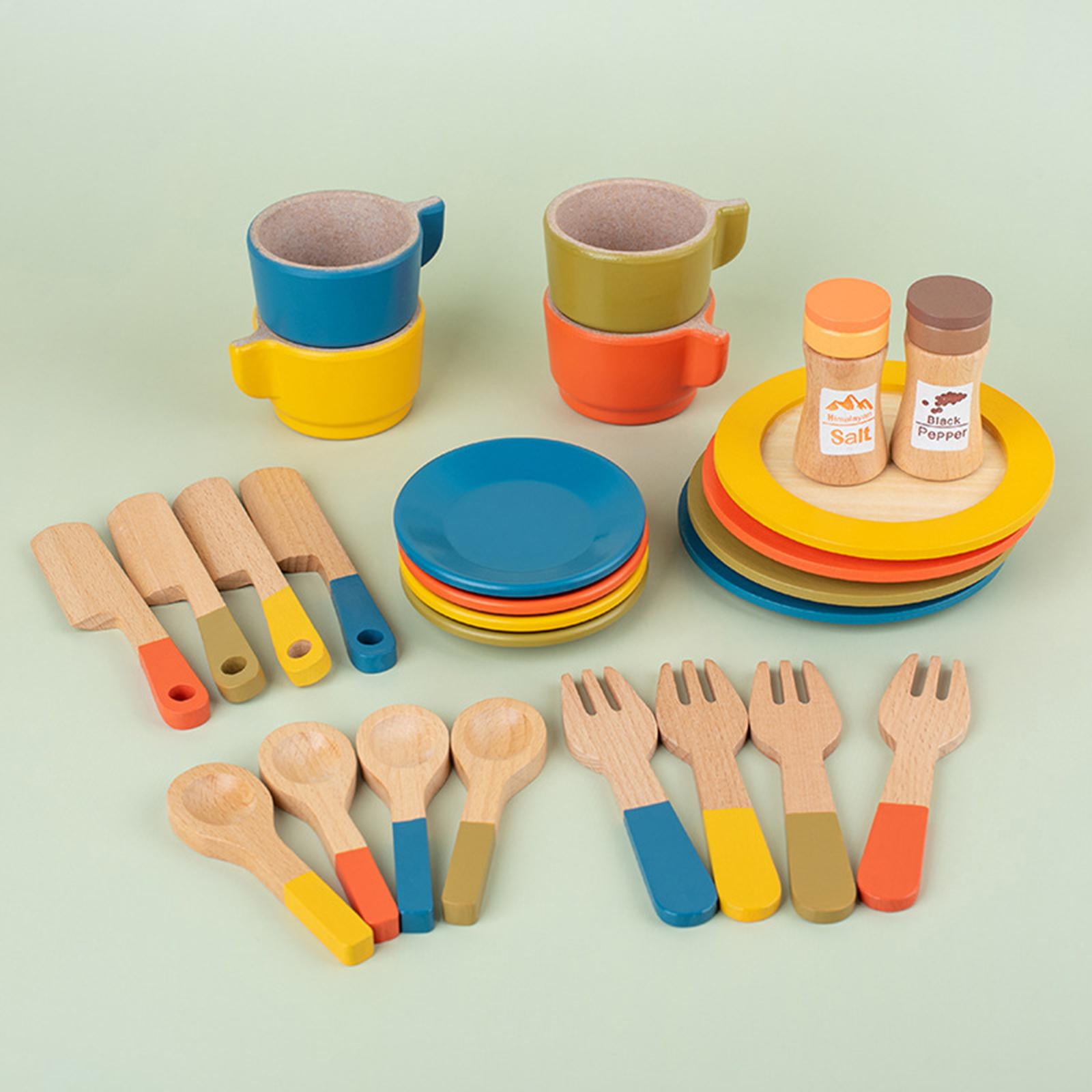 PETSOLA Wooden Toy Plates Dishes Montessori Role Play Forks Cups Spoons ...