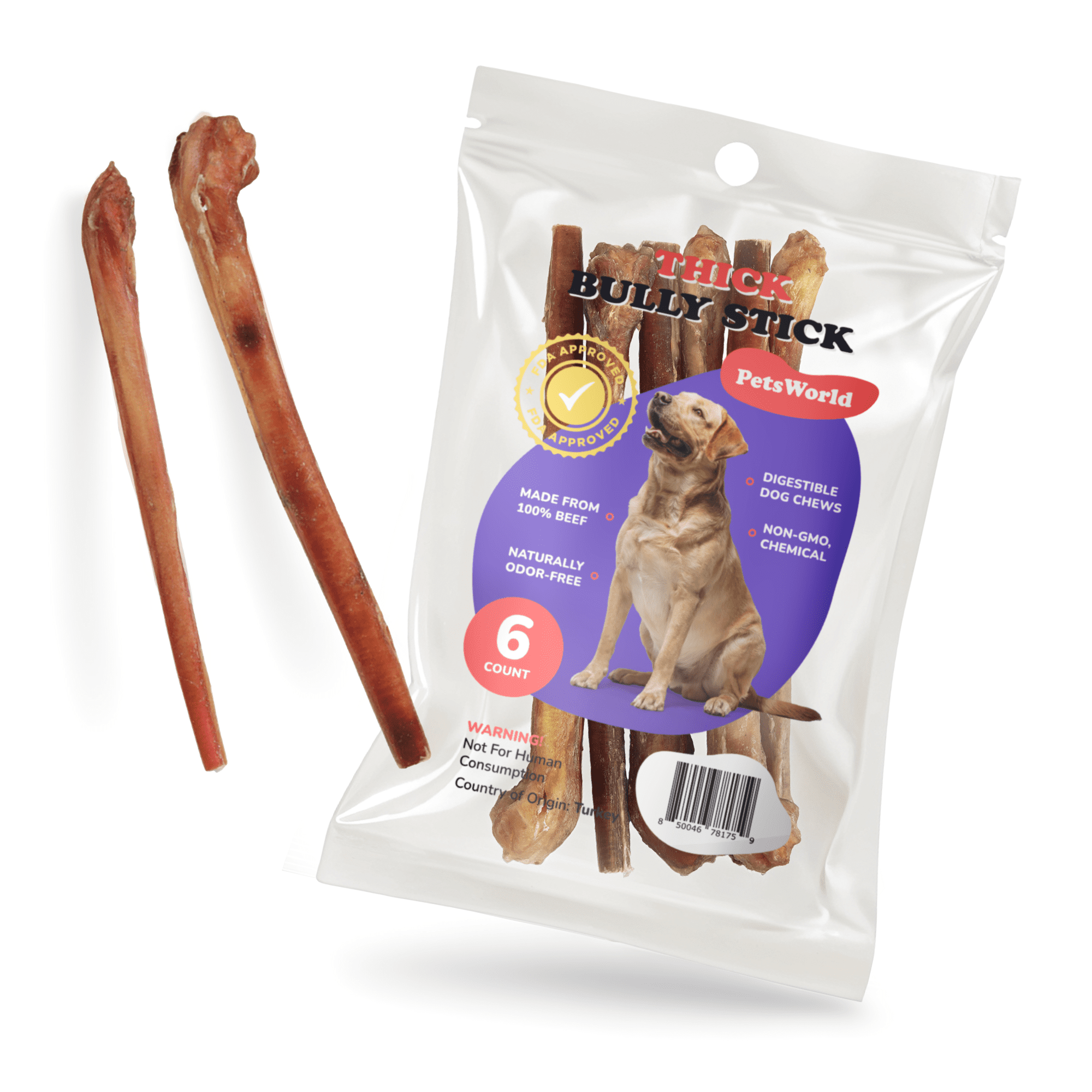 "PETSWORLD 12"" Odorless Thick Bully Sticks, Pack of 6, All-Natural ...