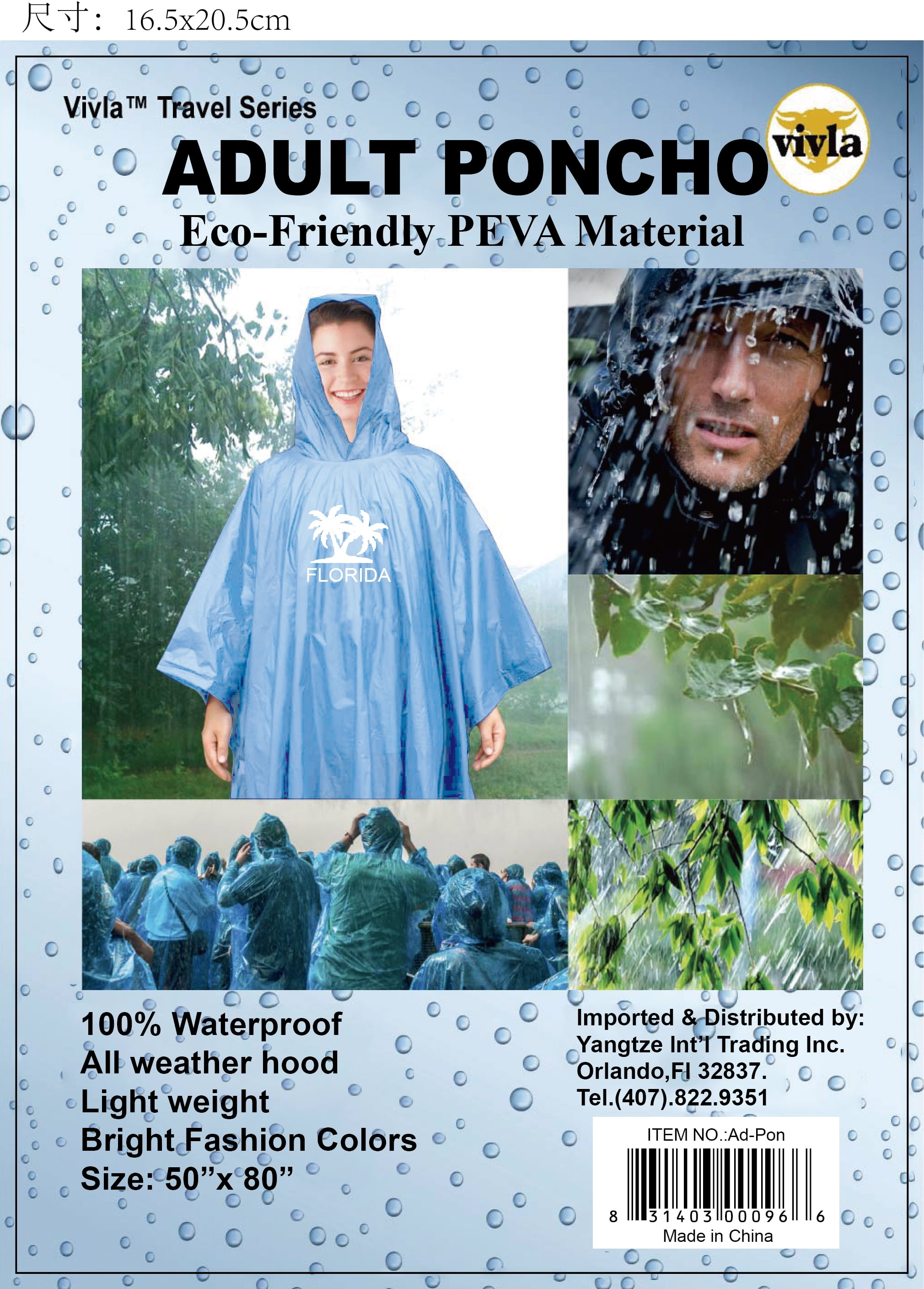 Vivla Adult Poncho PEVA Waterproof Hooded for Hiking Fishing Camping ...