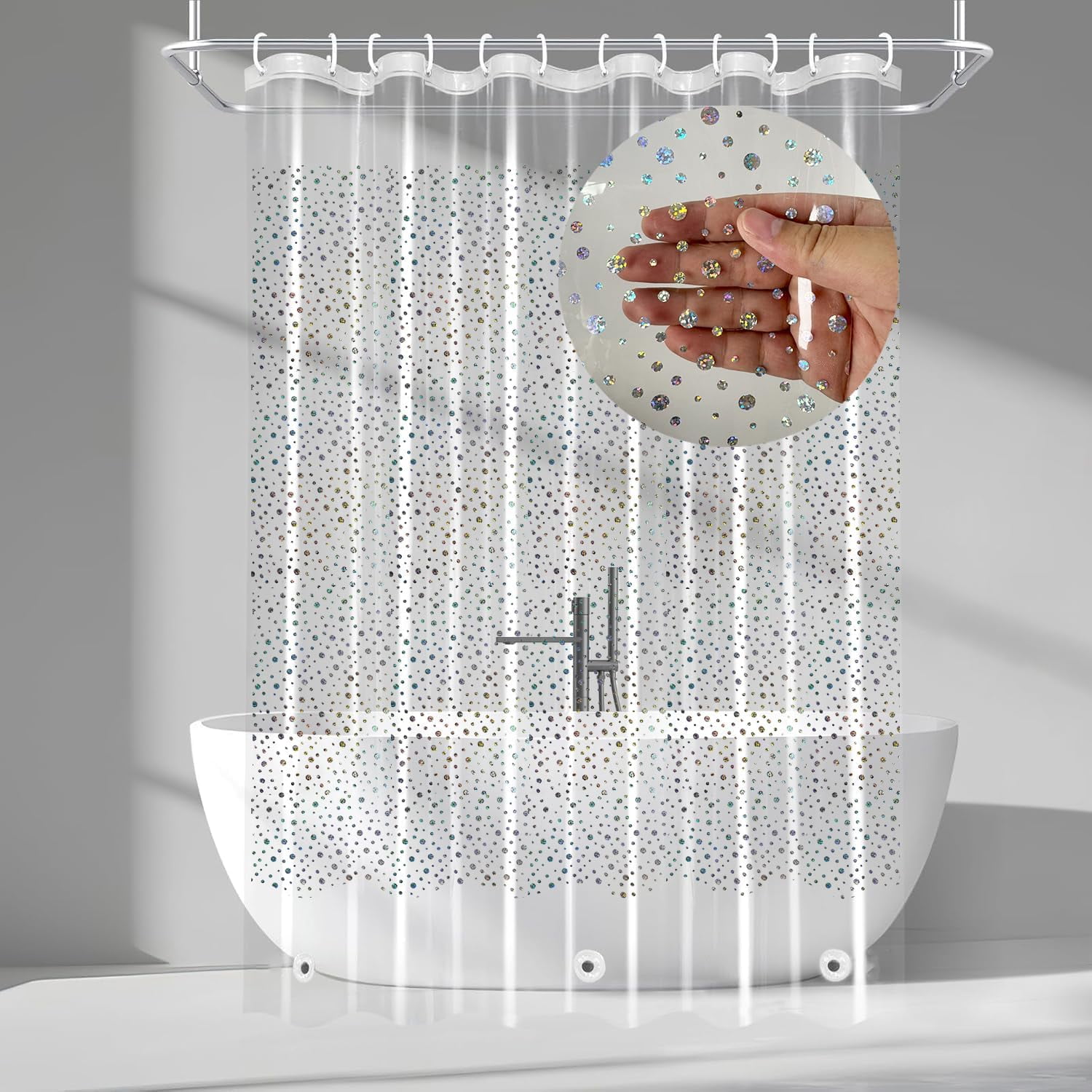 PEVA Holographic Shower Curtain Liner with Glitter Gem Pattern, 70x72in ...