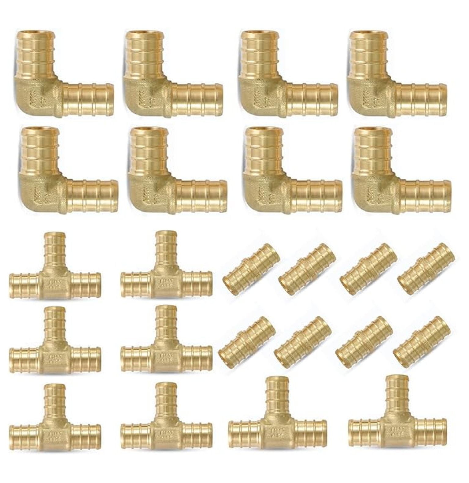 PEX Fittings (24 PC), 90 Degree Elbow (8) + Tee (8) + Straight Coupling (8), Brass Crimp Fitting ...