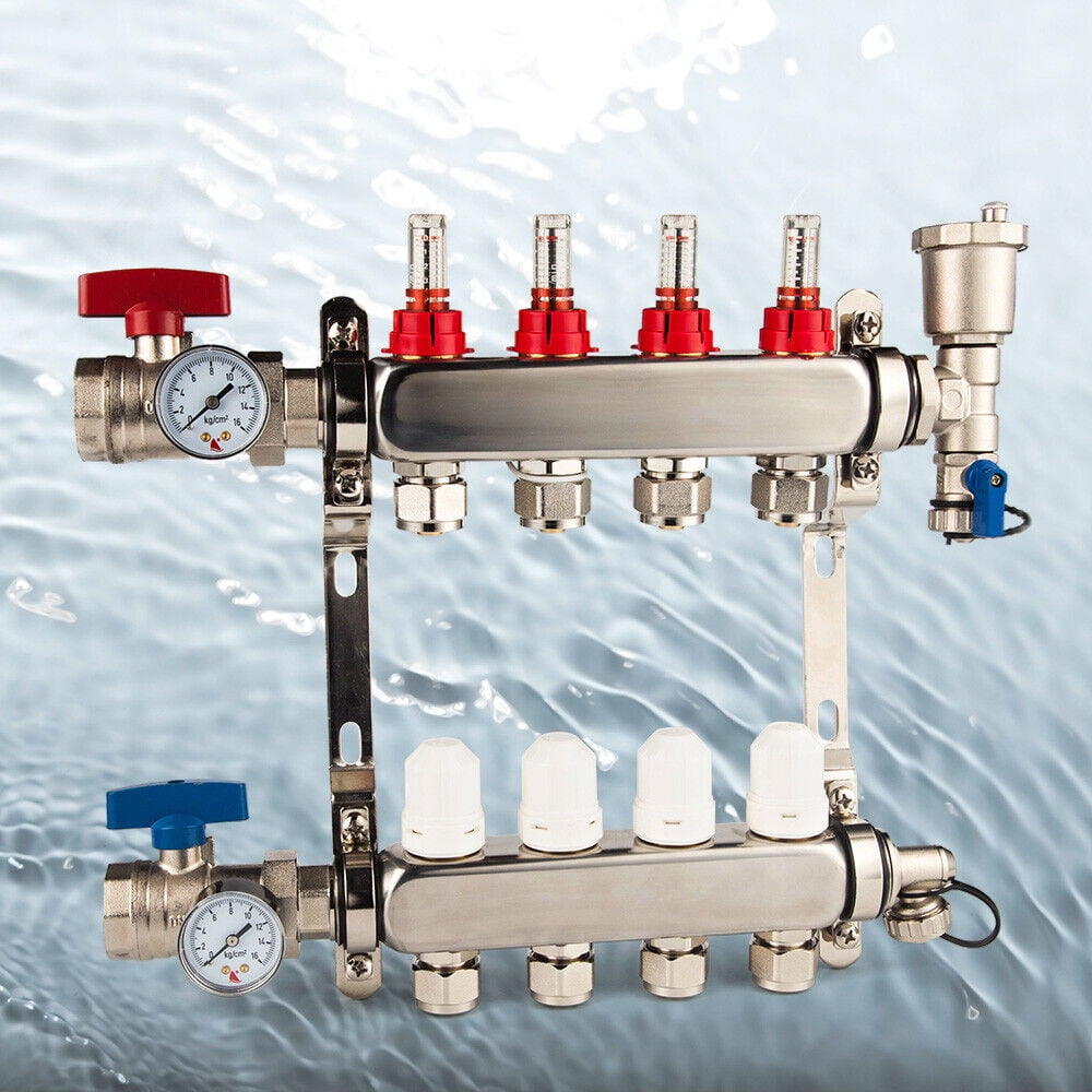 PEX Radiant Floor Heating Manifold 4-Branch Set Stainless Steel Kit for ...