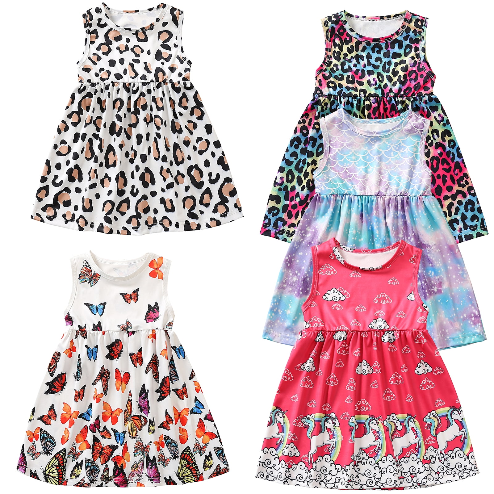 PEYAN Girls Dress Unicorn Mermaid Butterfly Leopard Party Sundress 2 ...